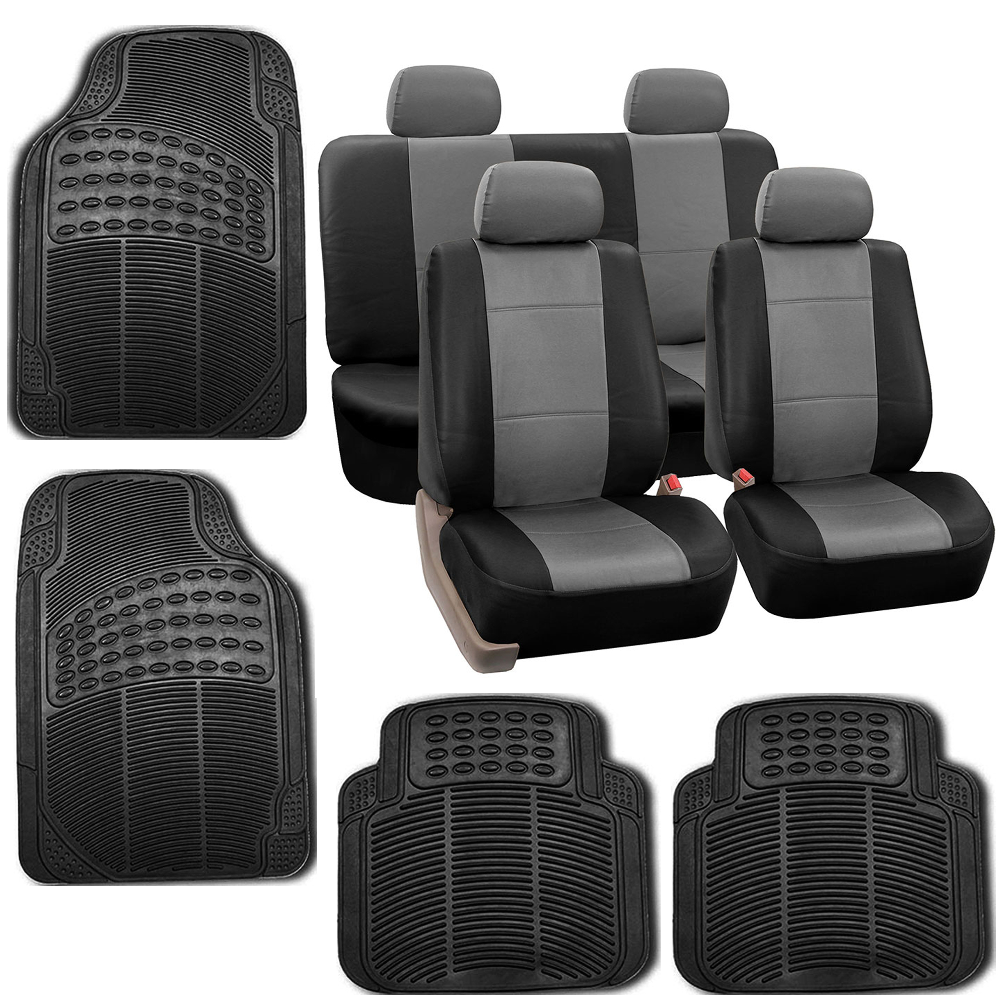 GRAY BLACK FAUX Leather Car Seat Cover Set Headrests Floor Mat Set 44 GRAY BLACK FAUX Leather Car Seat Cover Set Headrests Floor Mat Set 44