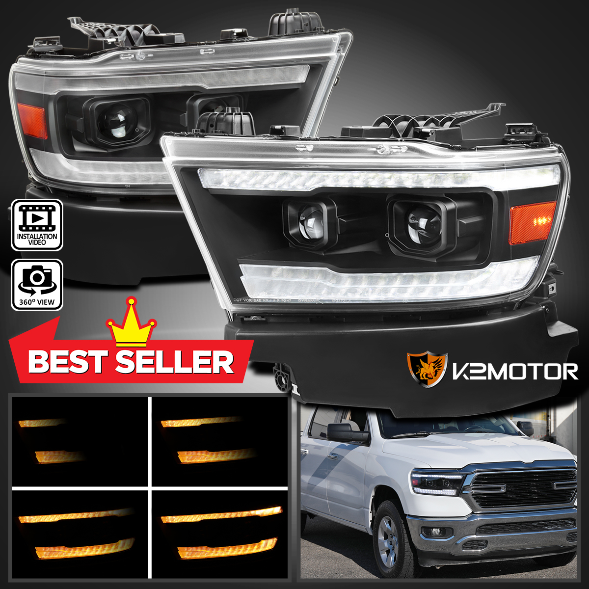 Blk Fits 2019-2022 Dodge Ram 1500 Switchback LED Sequential Projector ...