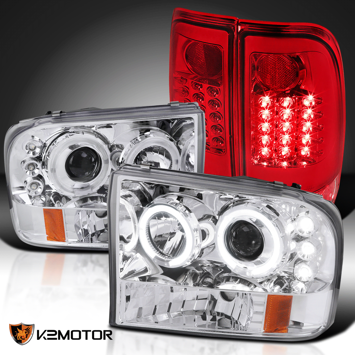 Fit 1999 2004 F250 F350 Super Duty Black Projector Headlights Red LED fit-1999-2004-f250-f350-super-duty-black-projector-headlights-red-led