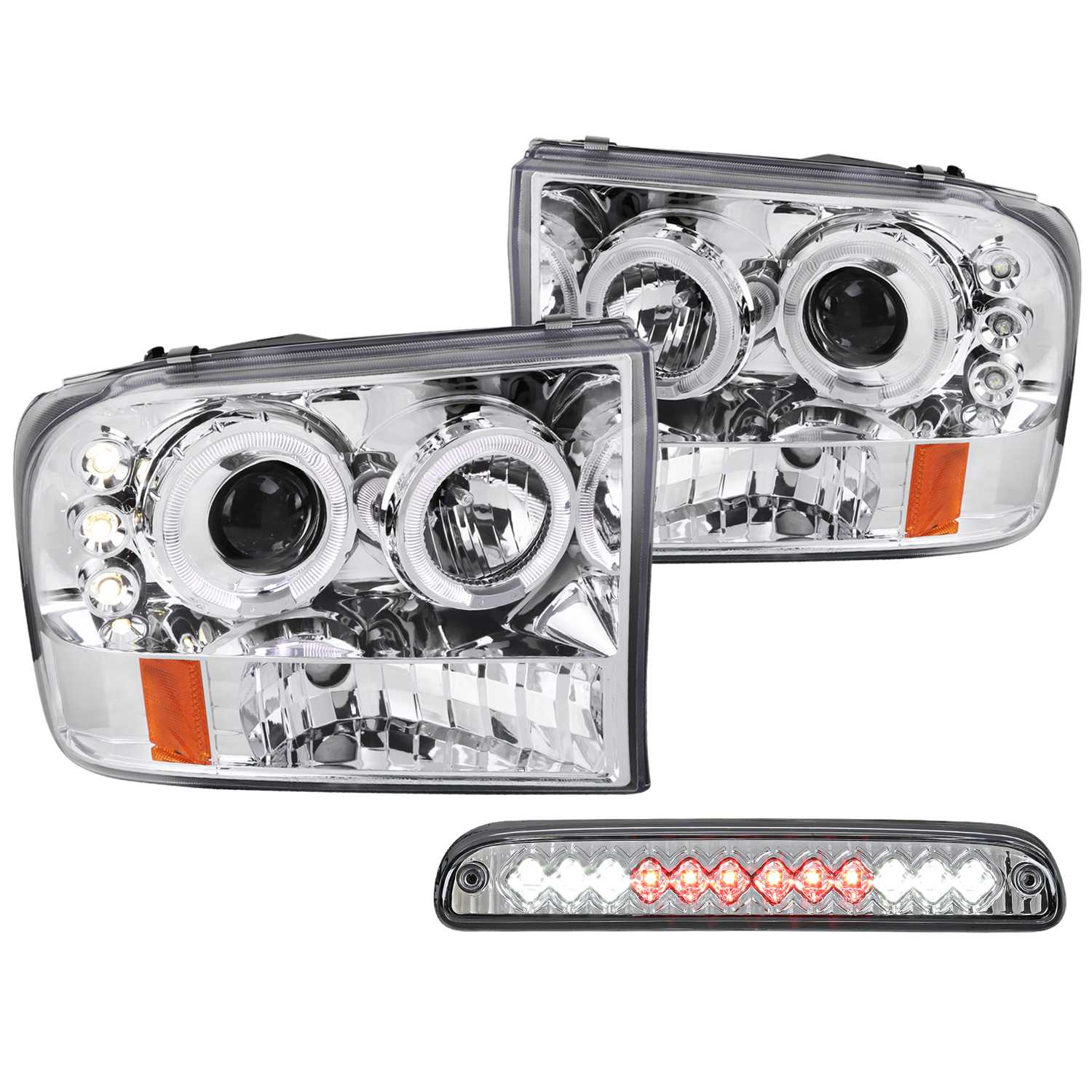 For 99-04 FORD F250 F350 F450 F550 HALO PROJECTOR HEADLIGHTS+LED STOP ...