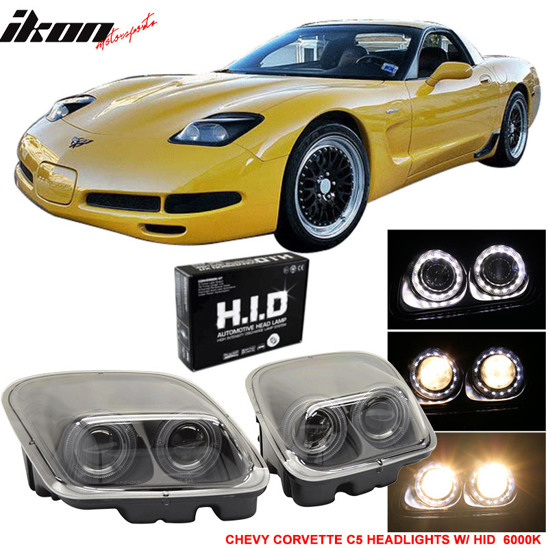 97-03 Chevy Corvette C5 Headlight Projector Black Dual LED Halo Rim HID ...