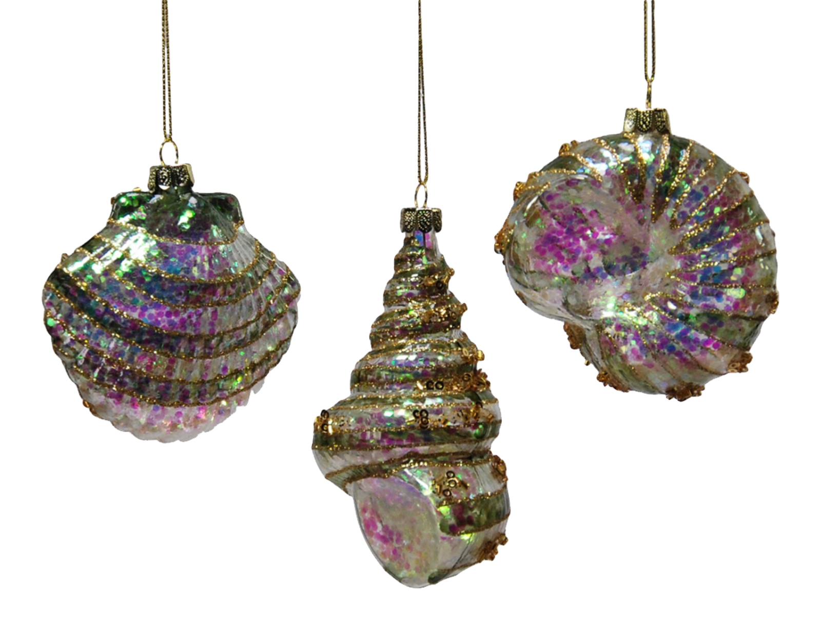 Gold White Sea Shells Holiday Glass Ornaments Set of 3 Katherine's ...