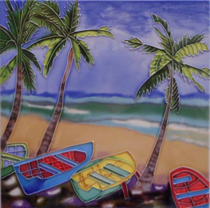 Tile Craft Palm Tree and Rowboats at the Coast 4X4 Inch Ceramic Tile