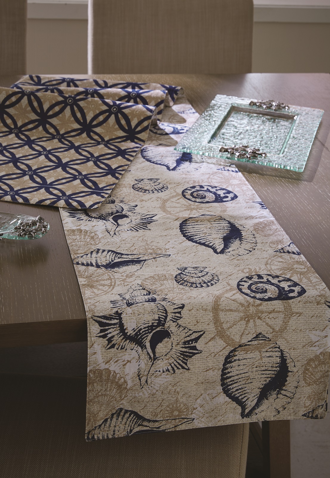 Sanibel Navy Shells on Cream Dining Room Table Runner 72 Inches - Mary ...