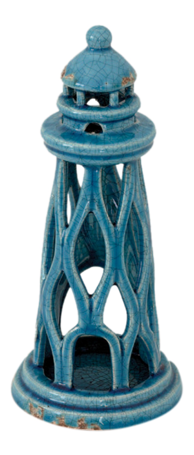 Teal Blue Lighthouse With Wavy Design Tealight Holder Ceramic 10 Inches ...