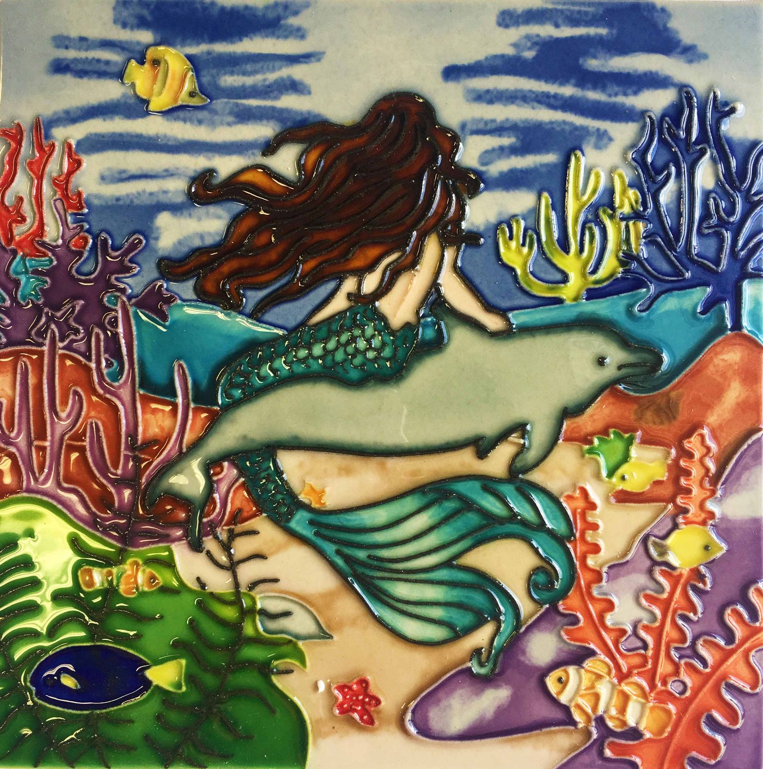 Mermaid and Dolphin Under the Sea Ceramic Tile 8 Inches - Mary B ...
