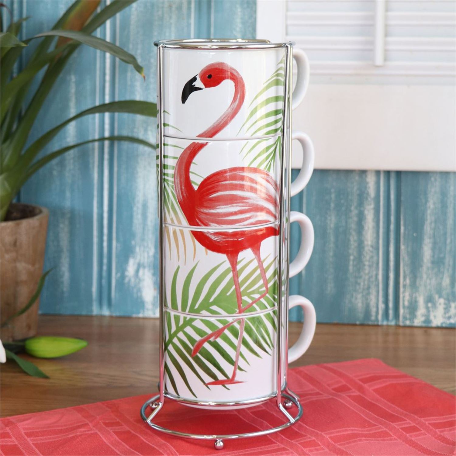 Pink Flamingo Stacking Mugs with Metal Storage Rack Set of 4 - Mary B ...