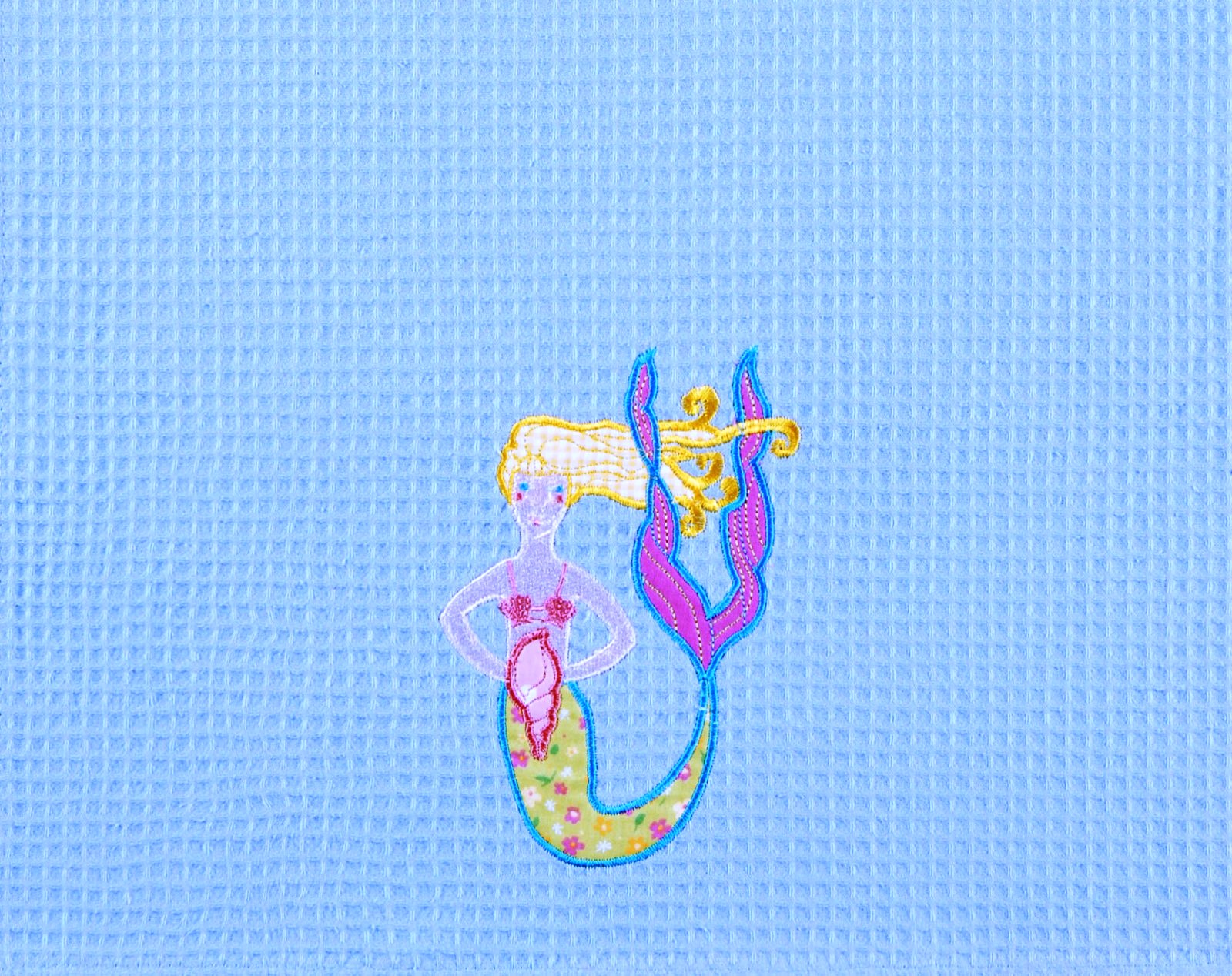 Imagine Blue Mermaid Coastal Embroidered Chambray Kitchen Dish Towel ...