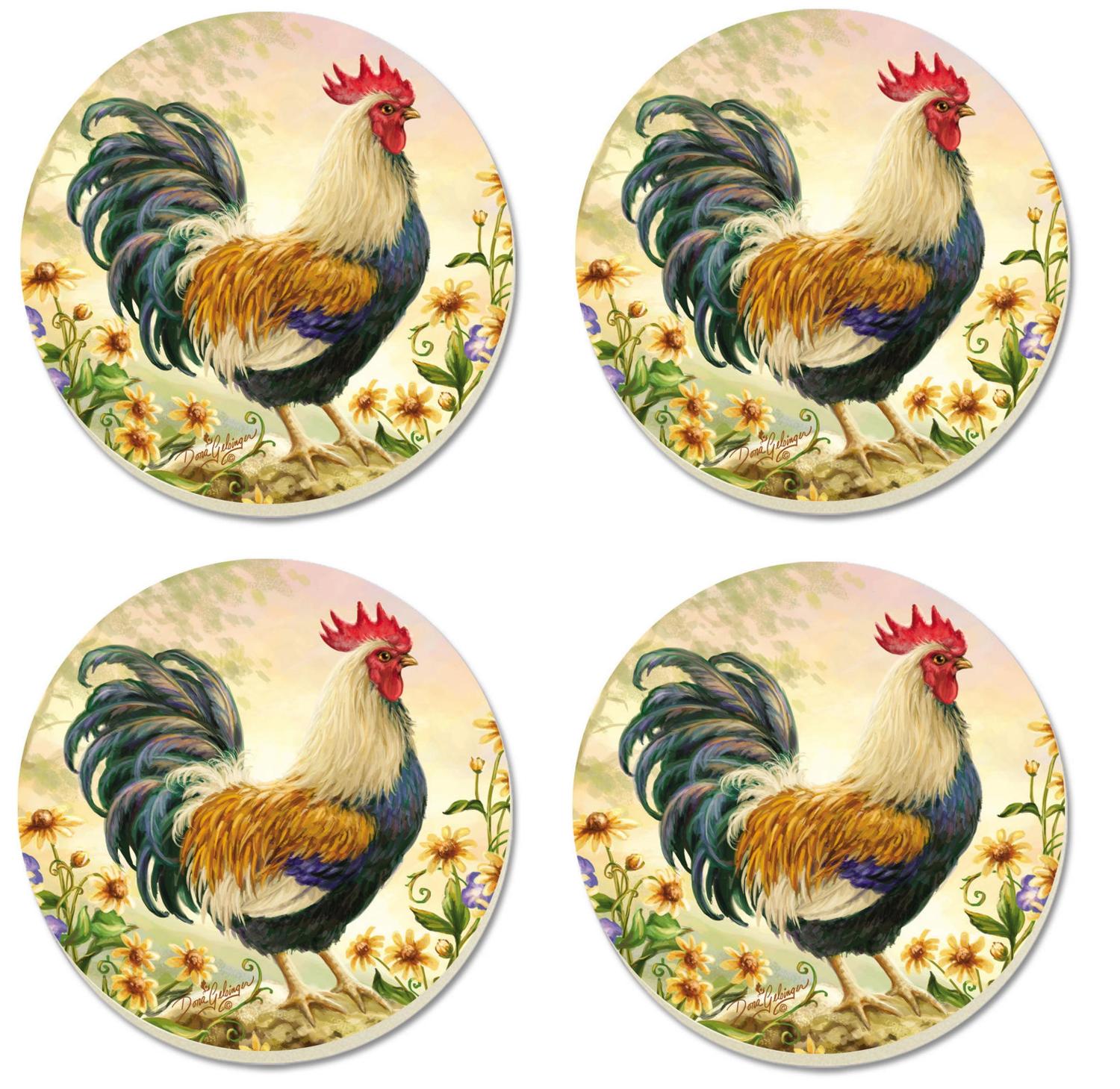 Country Charm Rooster 4 Inch Round Absorbent Stone Coasters Set of 4 ...