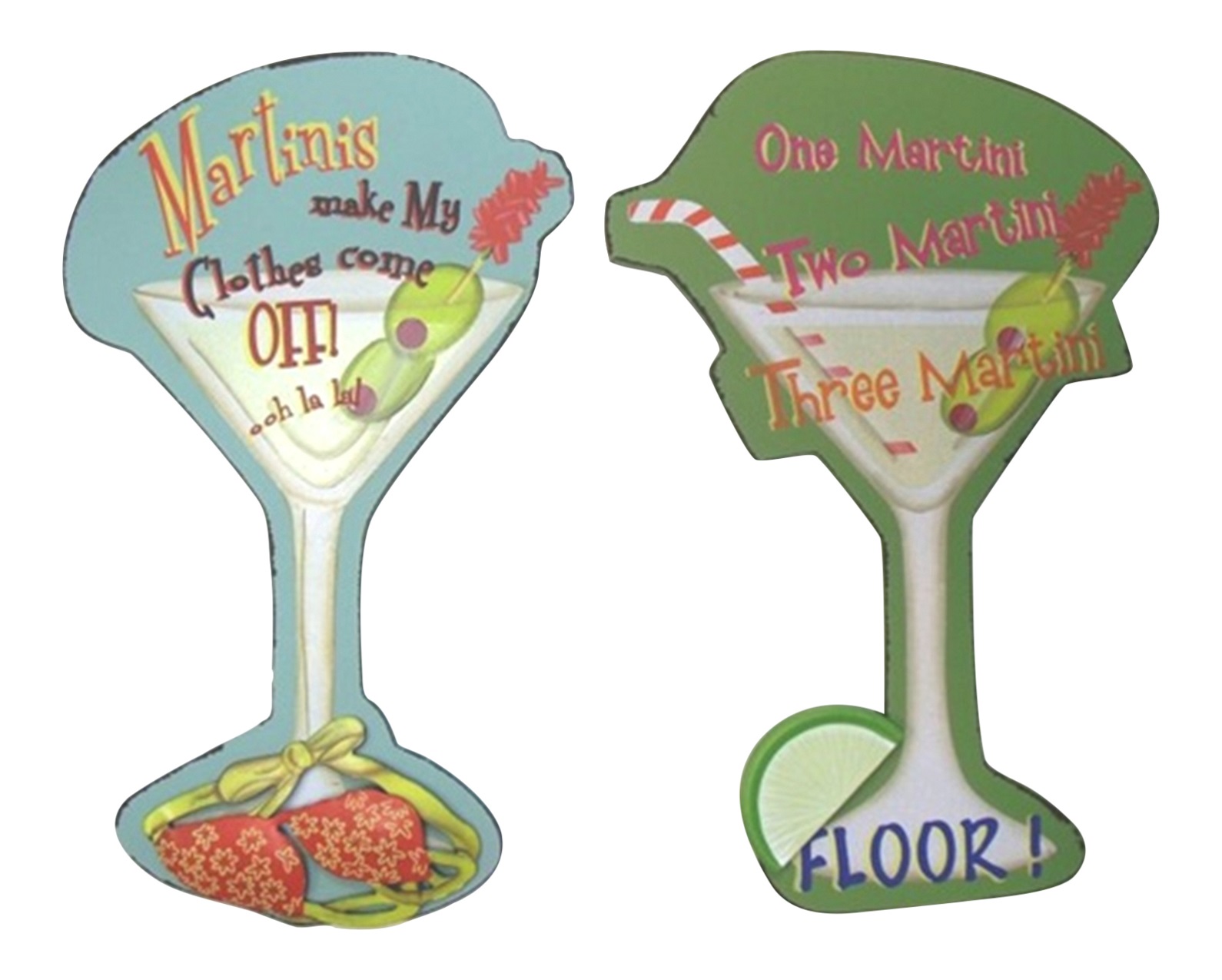 Tropical Drink Shaped Martini Glasses Wooden Wall Signs Plaques Set of ...