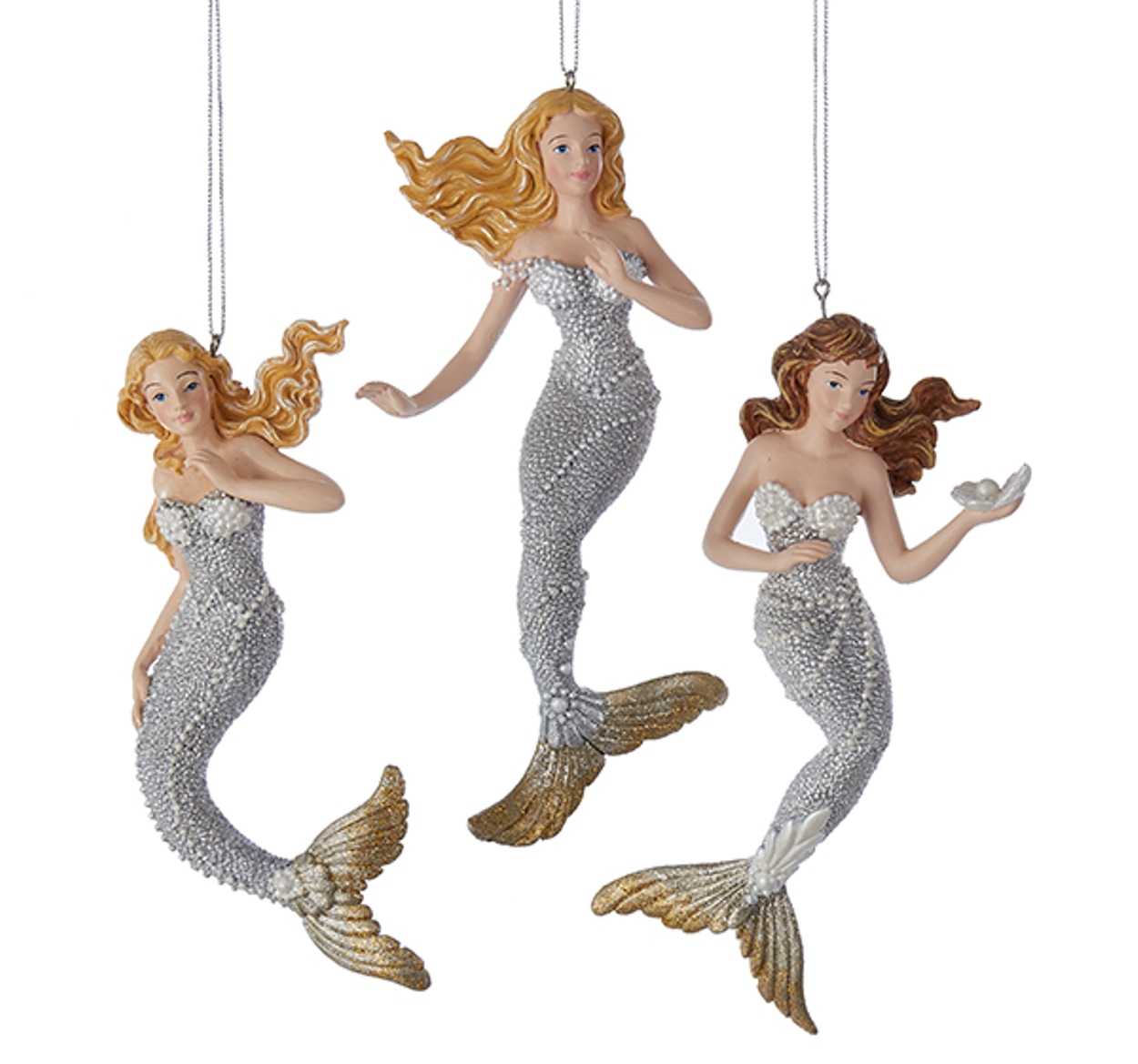 Kurt Adler Silver and Gold Under the Sea Mermaids Holiday Ornaments Set ...
