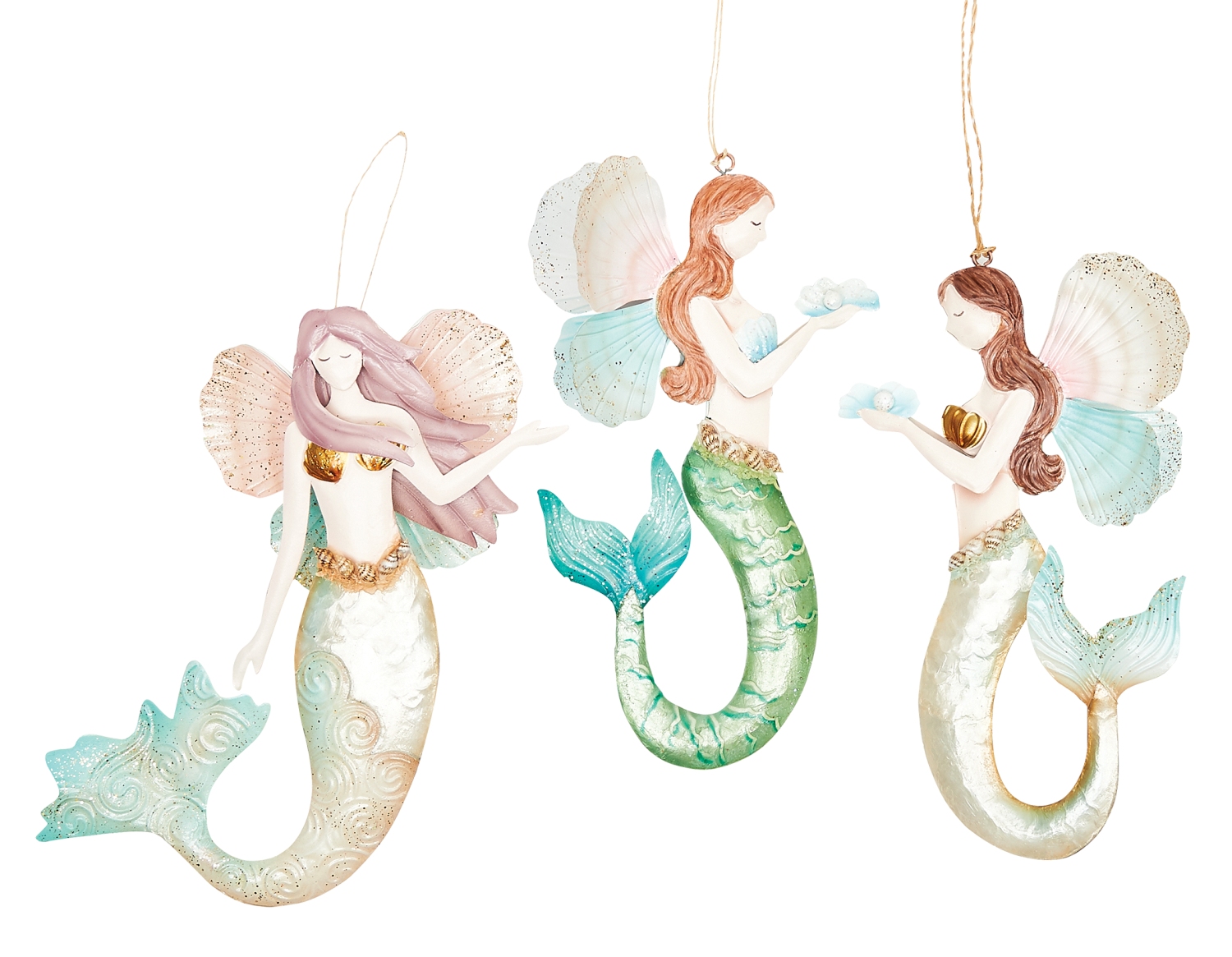 Mermaid Angels Christmas Holiday Ornaments Set of 3 Capiz Shells - Mary ...