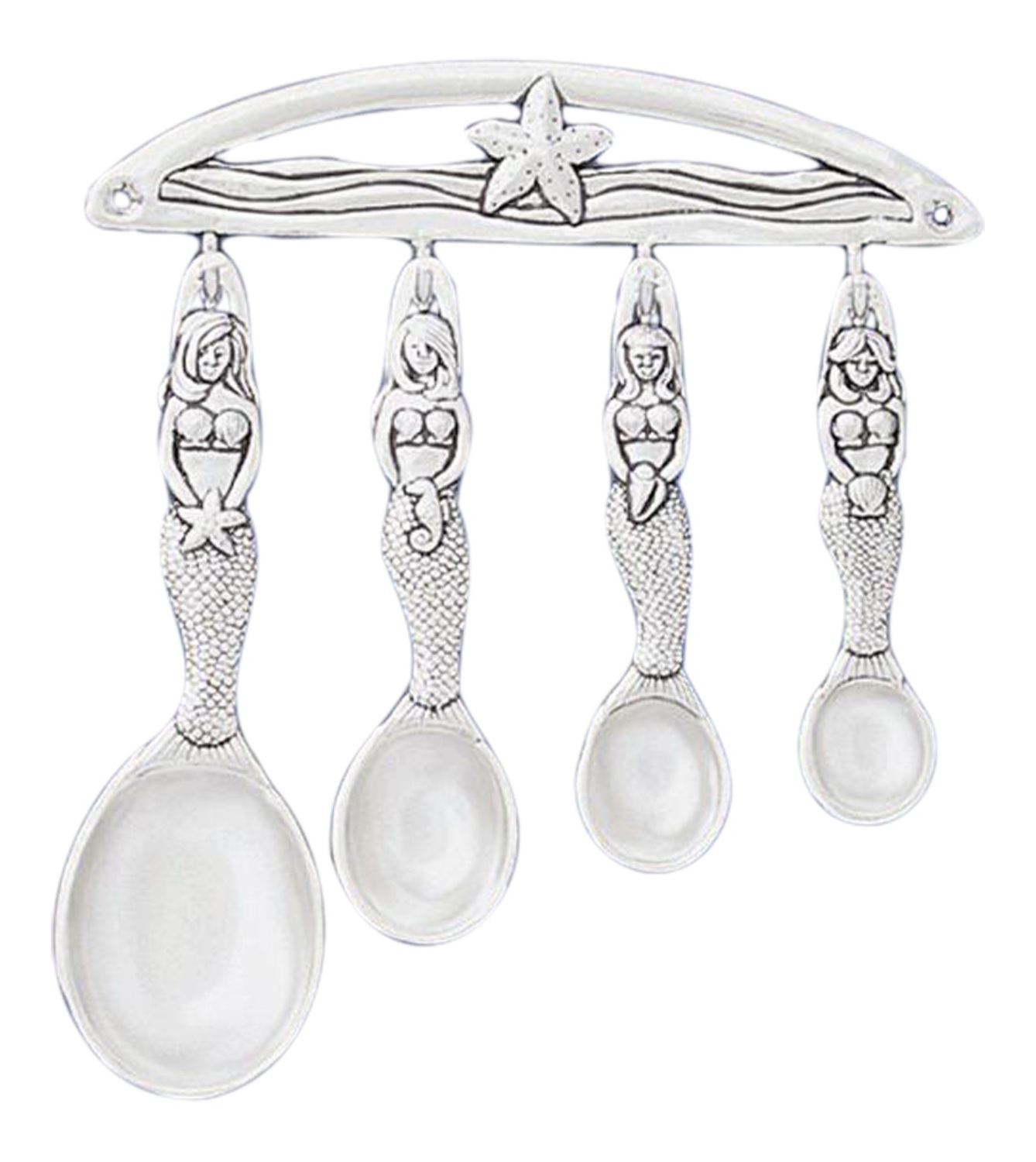 Nautical Pewter Mermaid Measuring Spoons Set with Starfish Hanging Rack ...