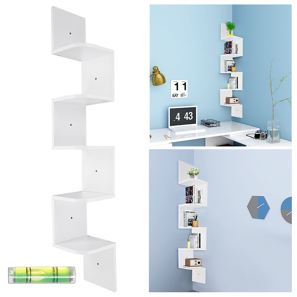 3/5 Tiers Wall Corner Wood Shelf Zigzag floating Display Storage Rack ...
