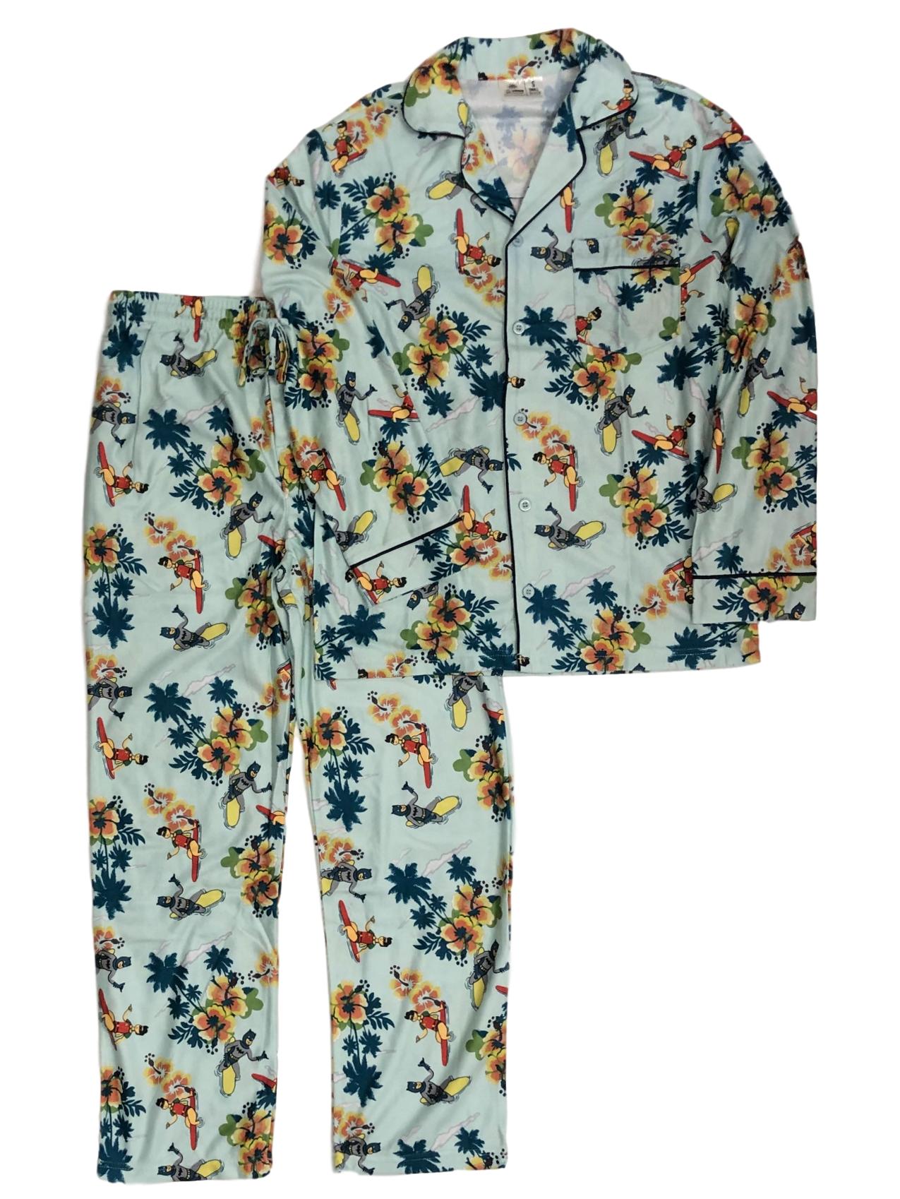 Batman & Robin Mens Aqua Blue Retro Surfs Up Flannel Pajamas Sleep Set ...