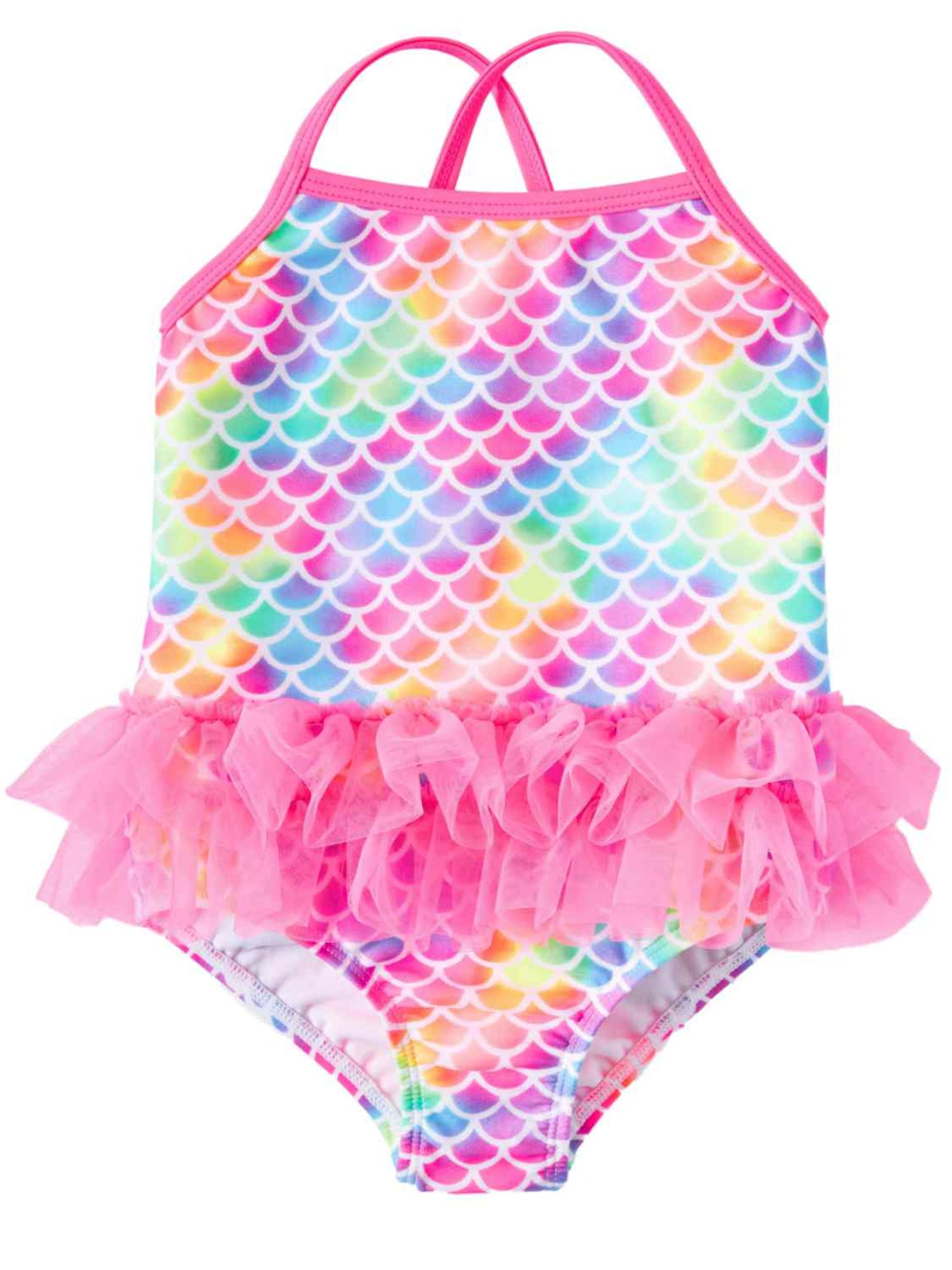 Toddler Girls Colorful Neon Pink Mermaid Tutu One Piece Swimming ...