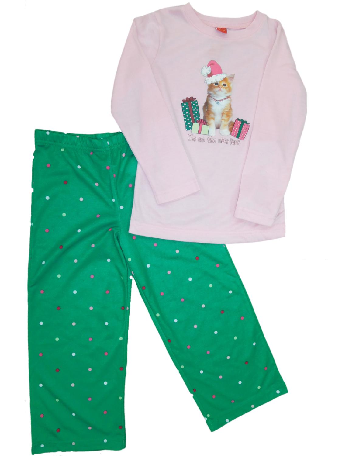 Girls Pink Kitten & Santa Cat Christmas Pajamas Polka Dot Holiday Sleep ...