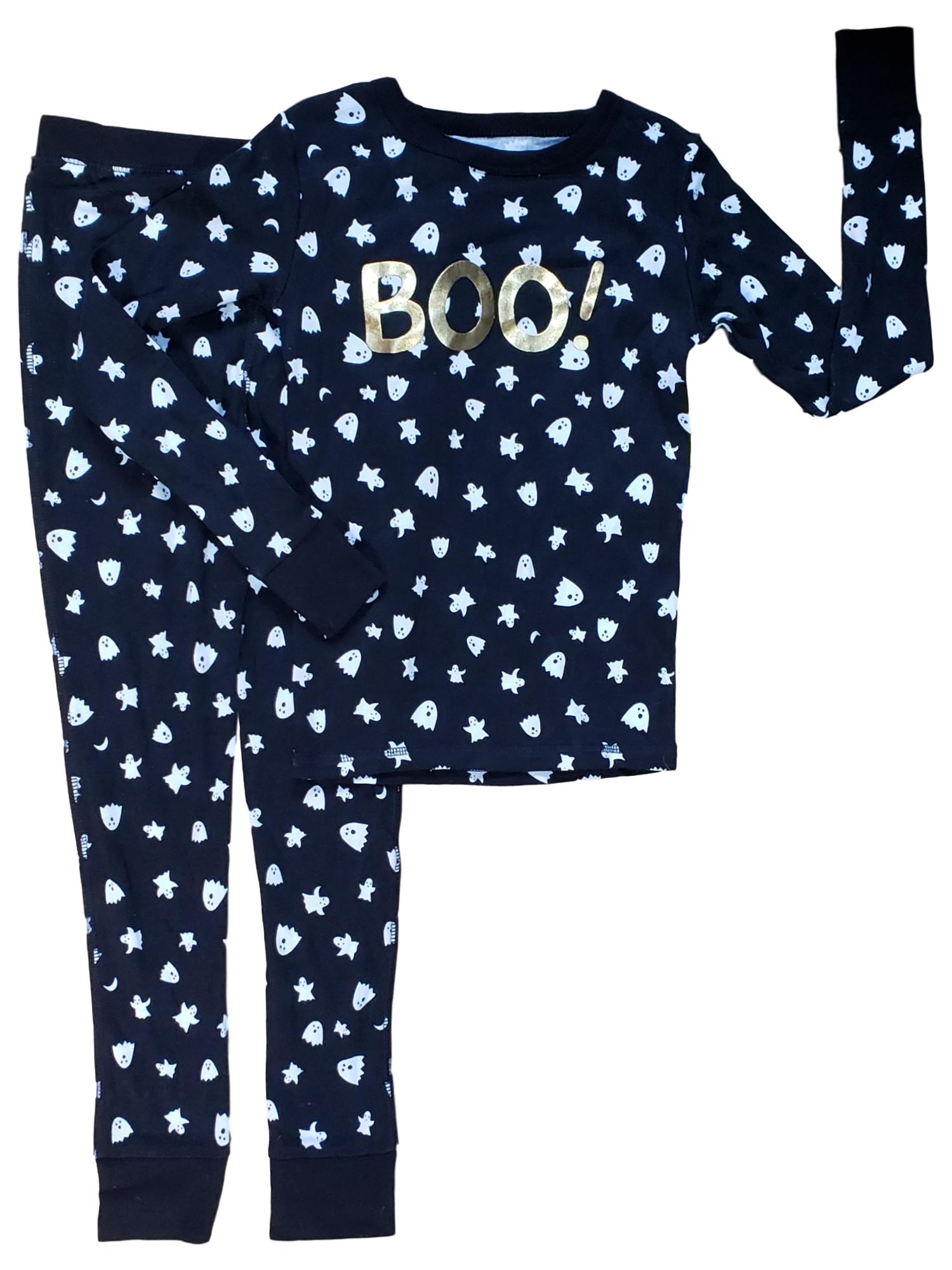Girls Black & White Ghost Print BOO 2 Piece Halloween Cotton Pajama PJ ...
