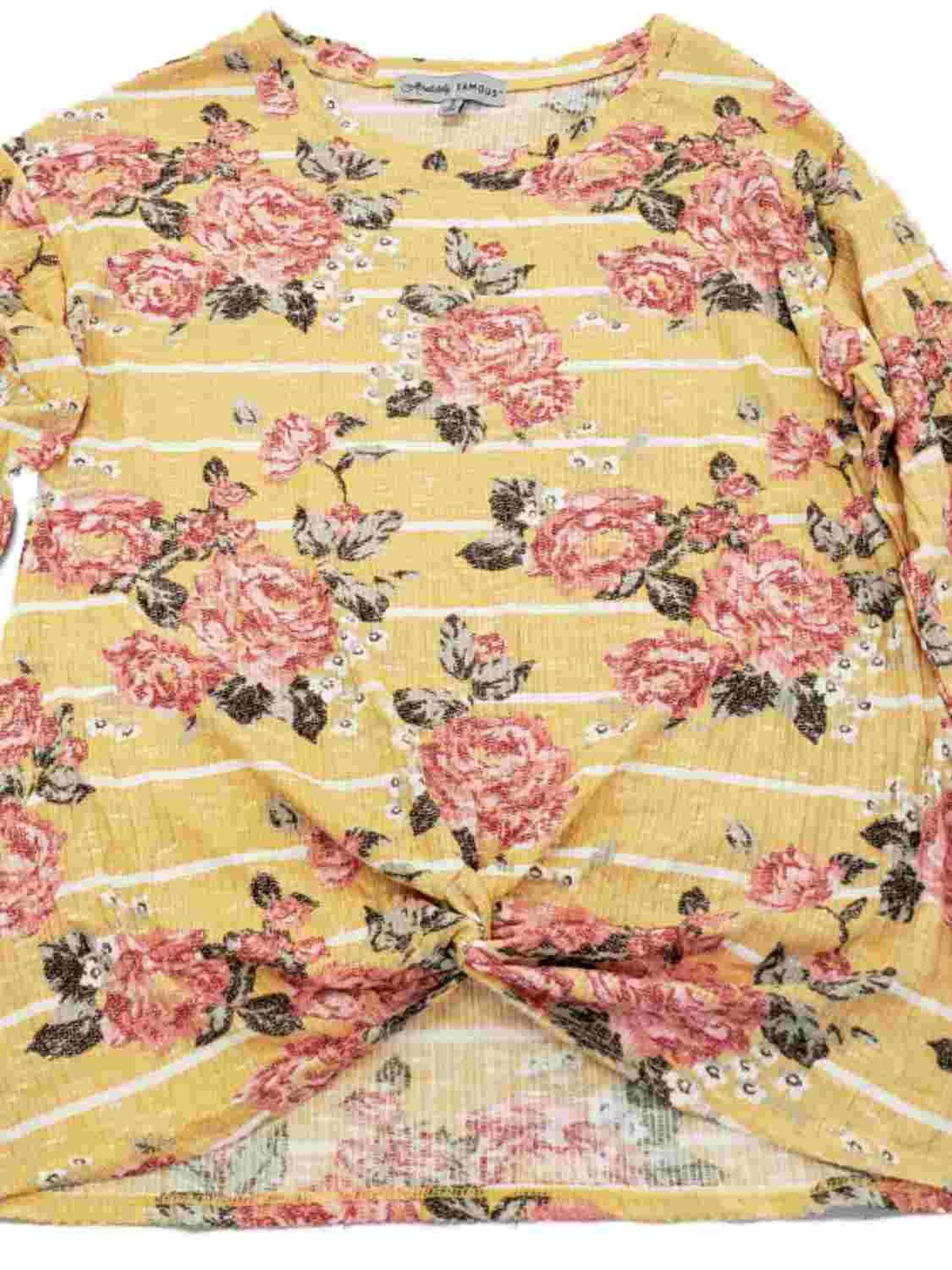Womens Yellow & Red Rose Flower Stripe Print Ribbed Stretch Shirt Top ...