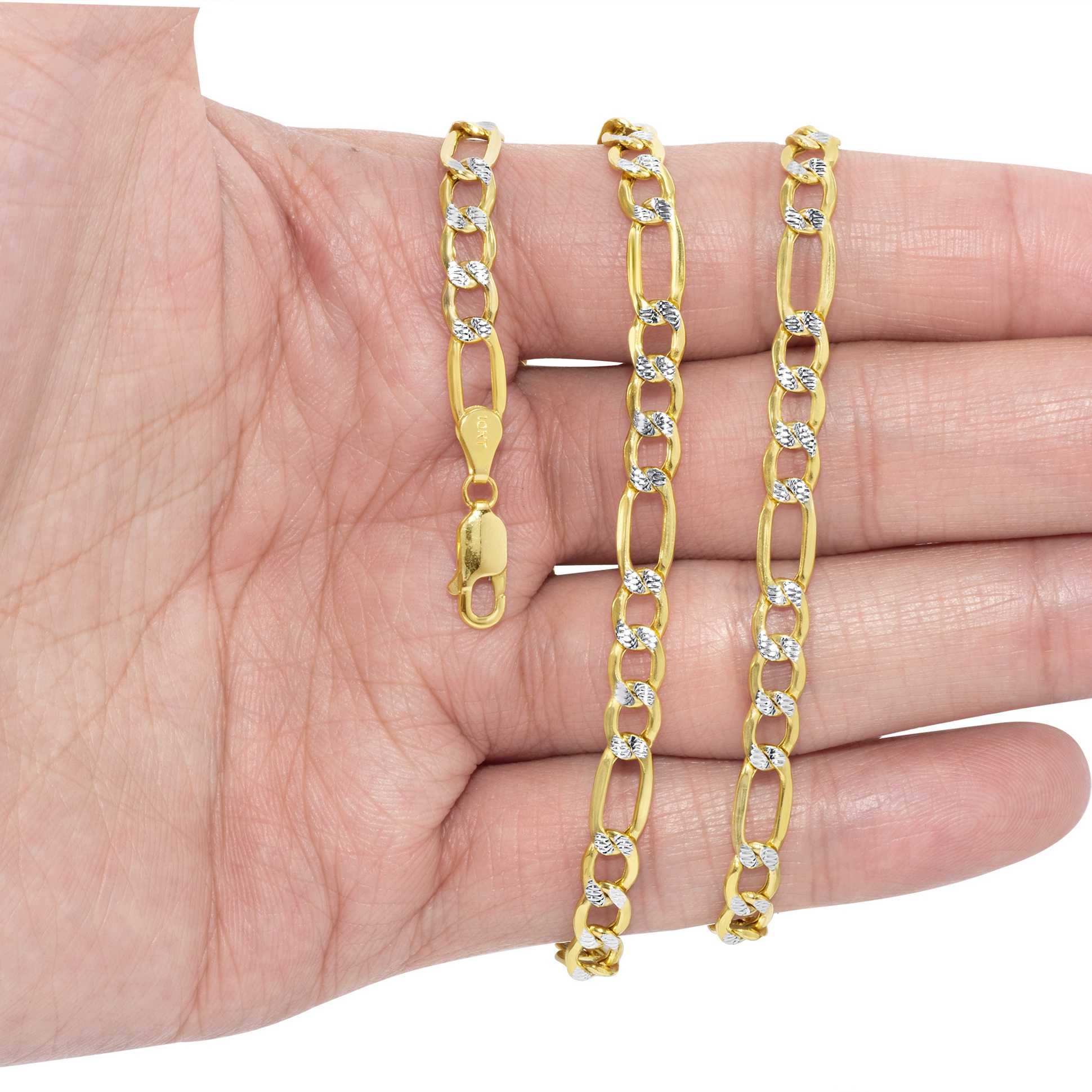 10K Solid Gold 2mm-12mm Diamond Cut Pave Figaro Chain Necklace Bracelet ...