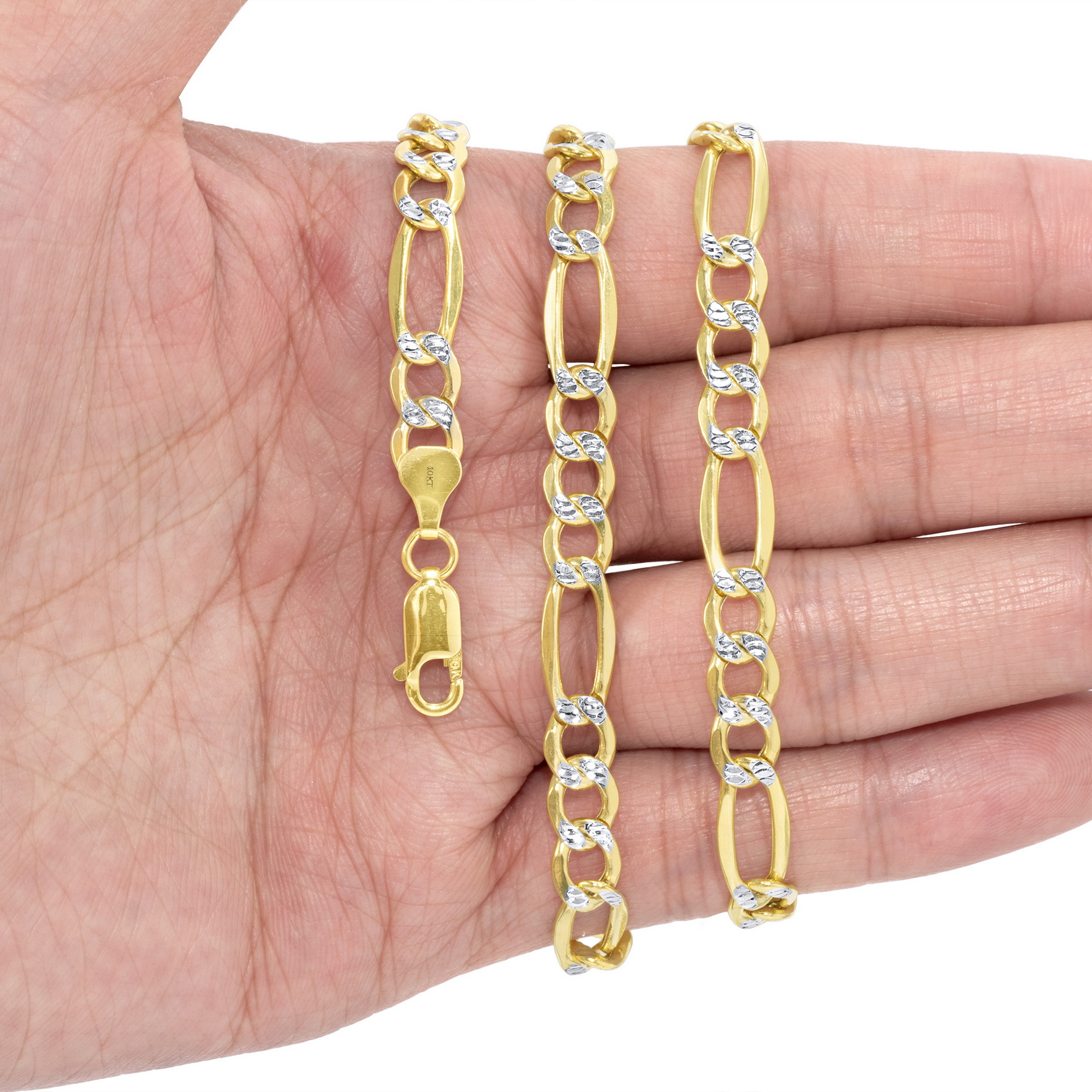 10K Solid Gold 2mm-12mm Diamond Cut Pave Figaro Chain Necklace Bracelet ...