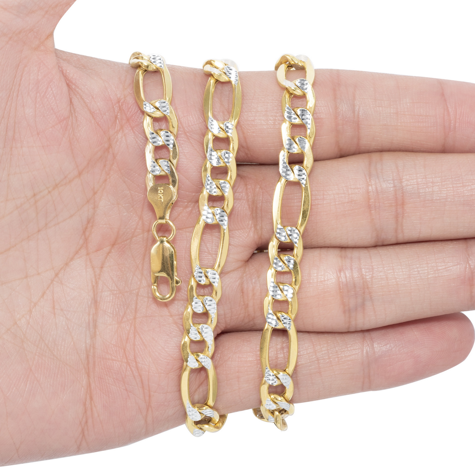 10K Solid Gold 2mm-12mm Diamond Cut Pave Figaro Chain Necklace Bracelet ...