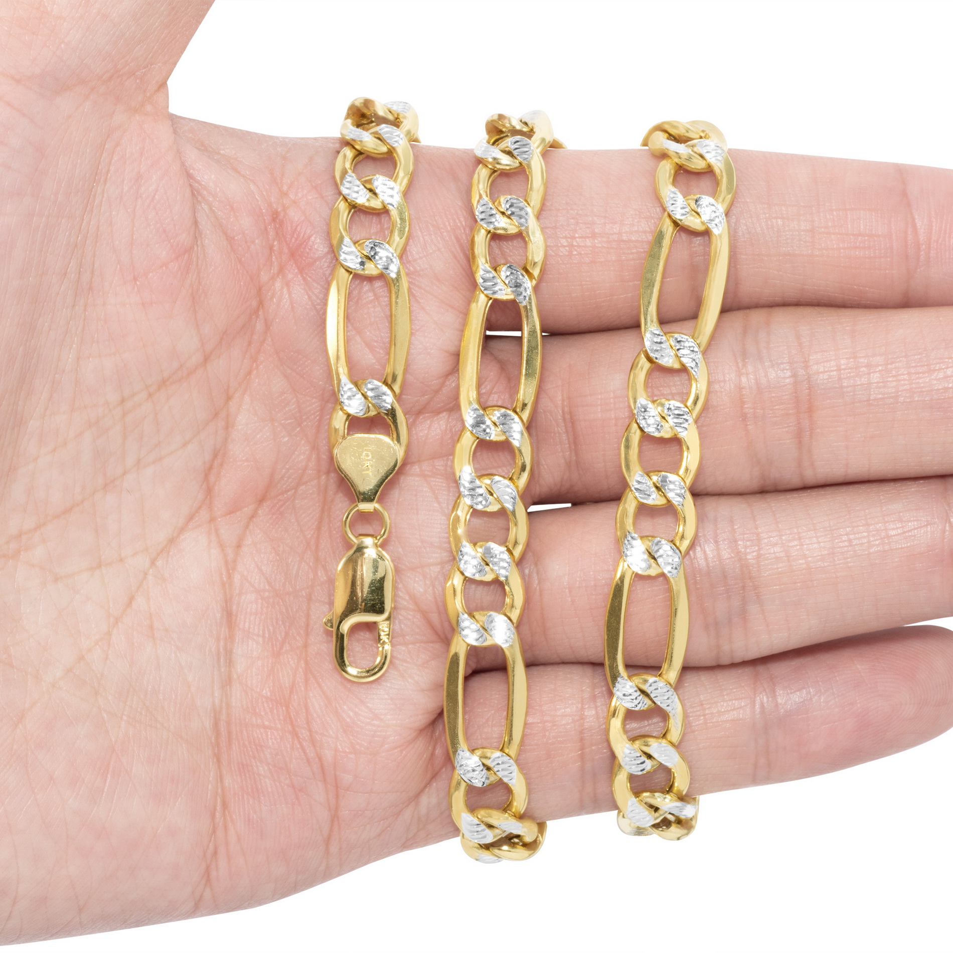 10K Solid Gold 2mm-12mm Diamond Cut Pave Figaro Chain Necklace Bracelet ...