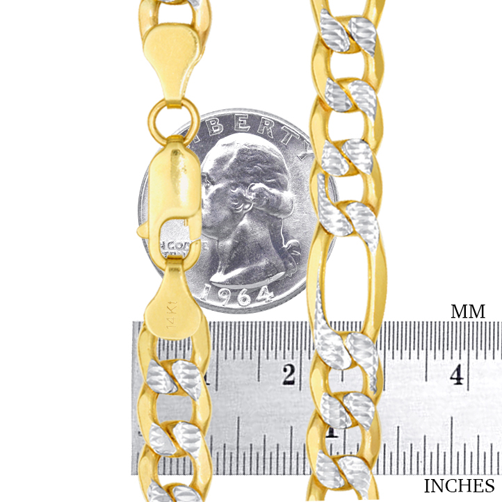 14K Yellow Gold 2-8mm Diamond Cut White Pave Figaro Link Chain Necklace ...