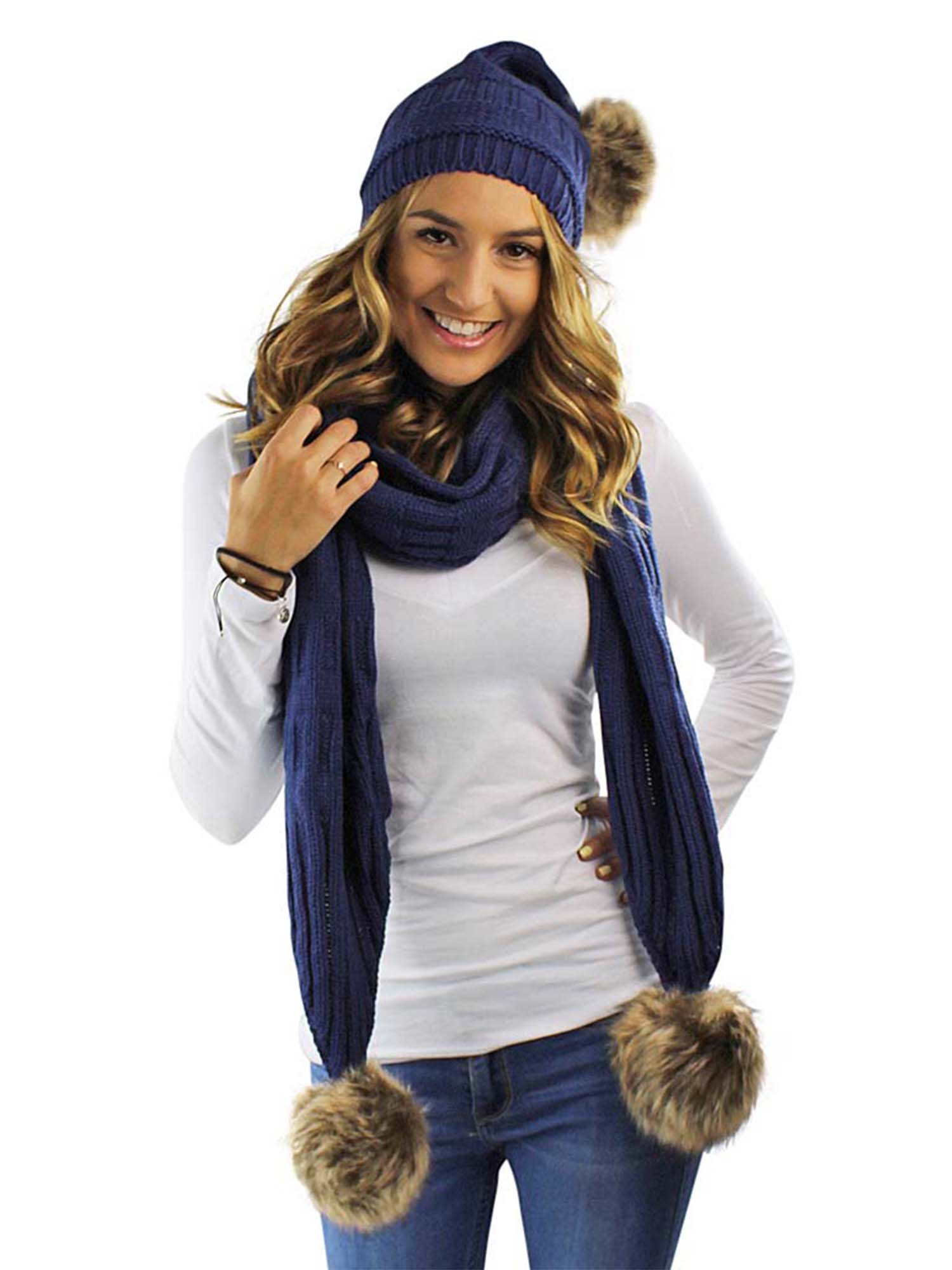 2-PIECE KNIT SLOUCHY BEANIE HAT & SCARF SET WITH FUR POM POMS | eBay
