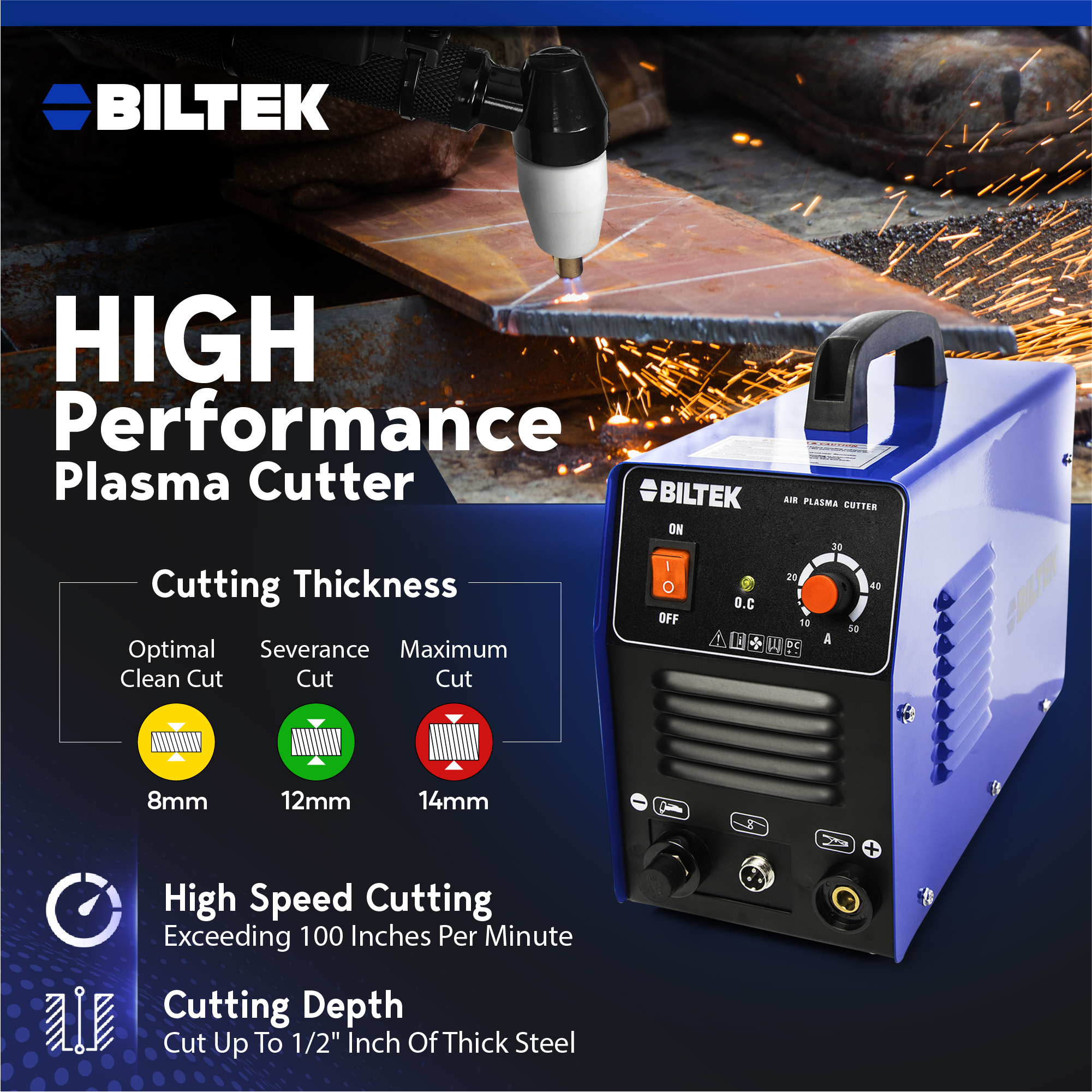 Biltek Plasma Cutter 50A Dual Voltage 110V/220V Cutting Torch Kit 1/2 ...