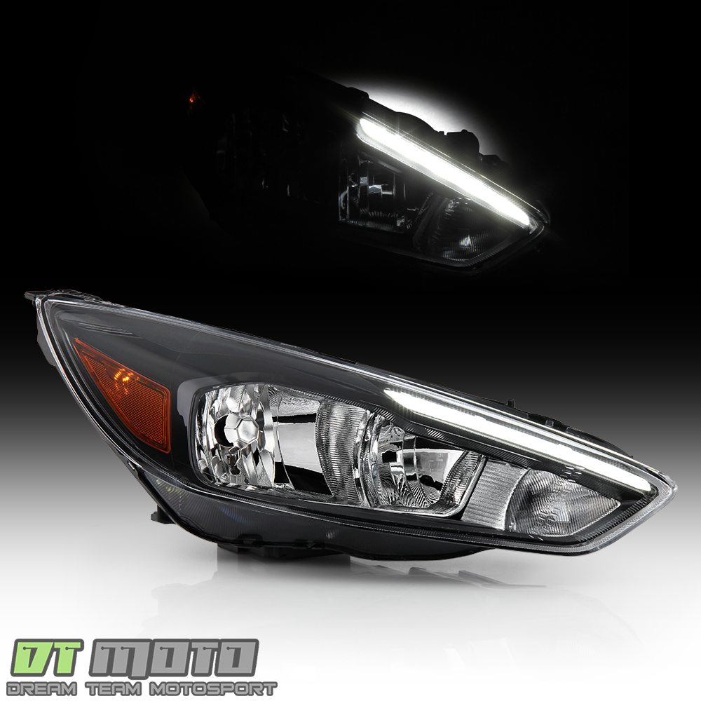 2015-2018 Ford Focus Halogen Black w/ LED DRL Headlight Headlamp ...