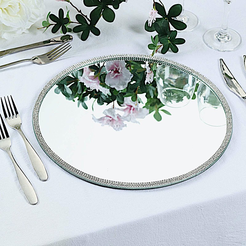13-Inch Round Mirror Glass CHARGER PLATES Rhinestone Trim Wedding ...