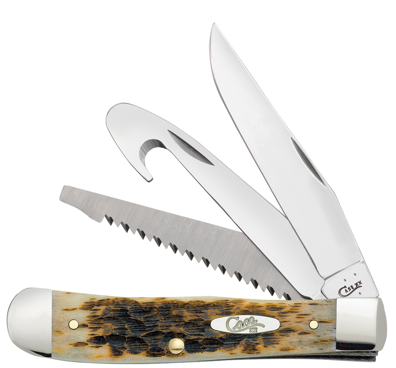 CASE XX Jigged Amber Bone Trapper Hunter Stainless Pocket Knives Knife ...