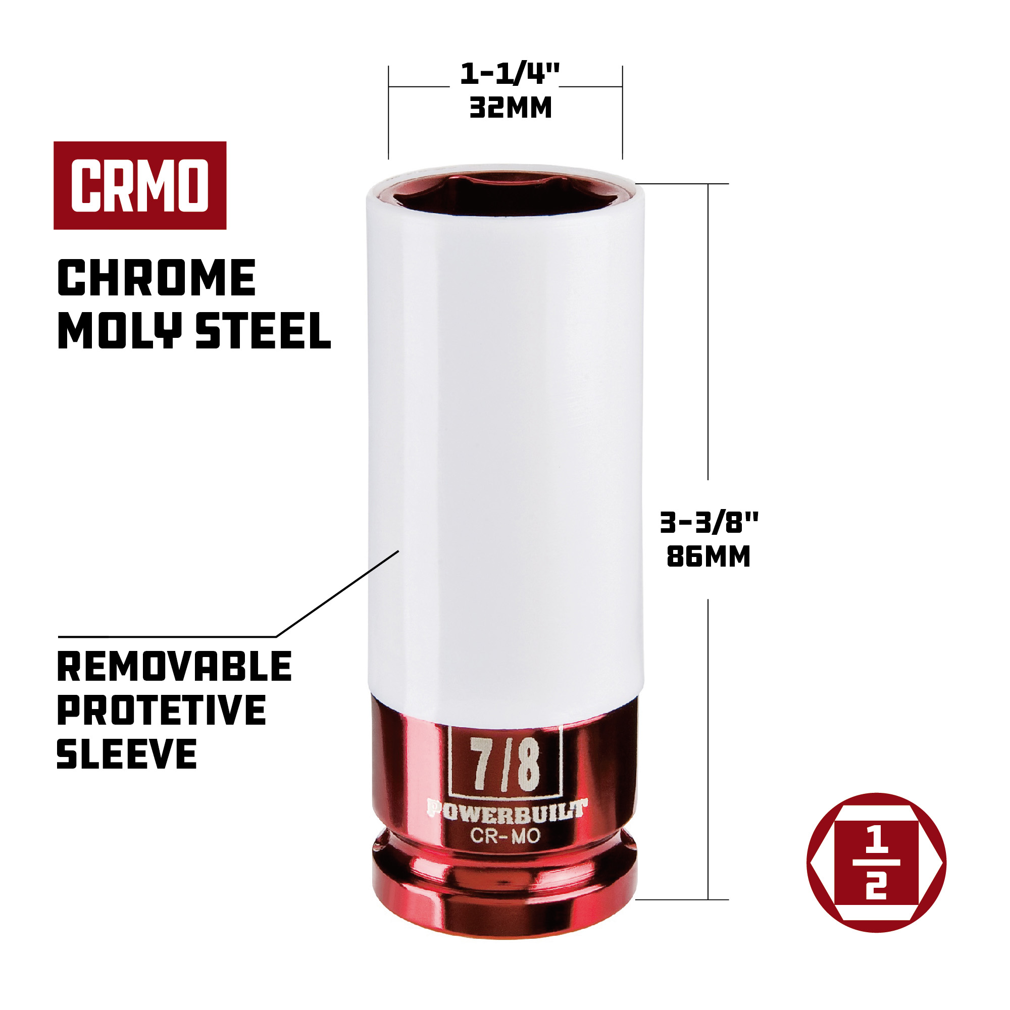 Powerbuilt 1/2"Dr. 7/8" Lug Nut Socket w/ Sleeve,Wheel Impact Socket ...