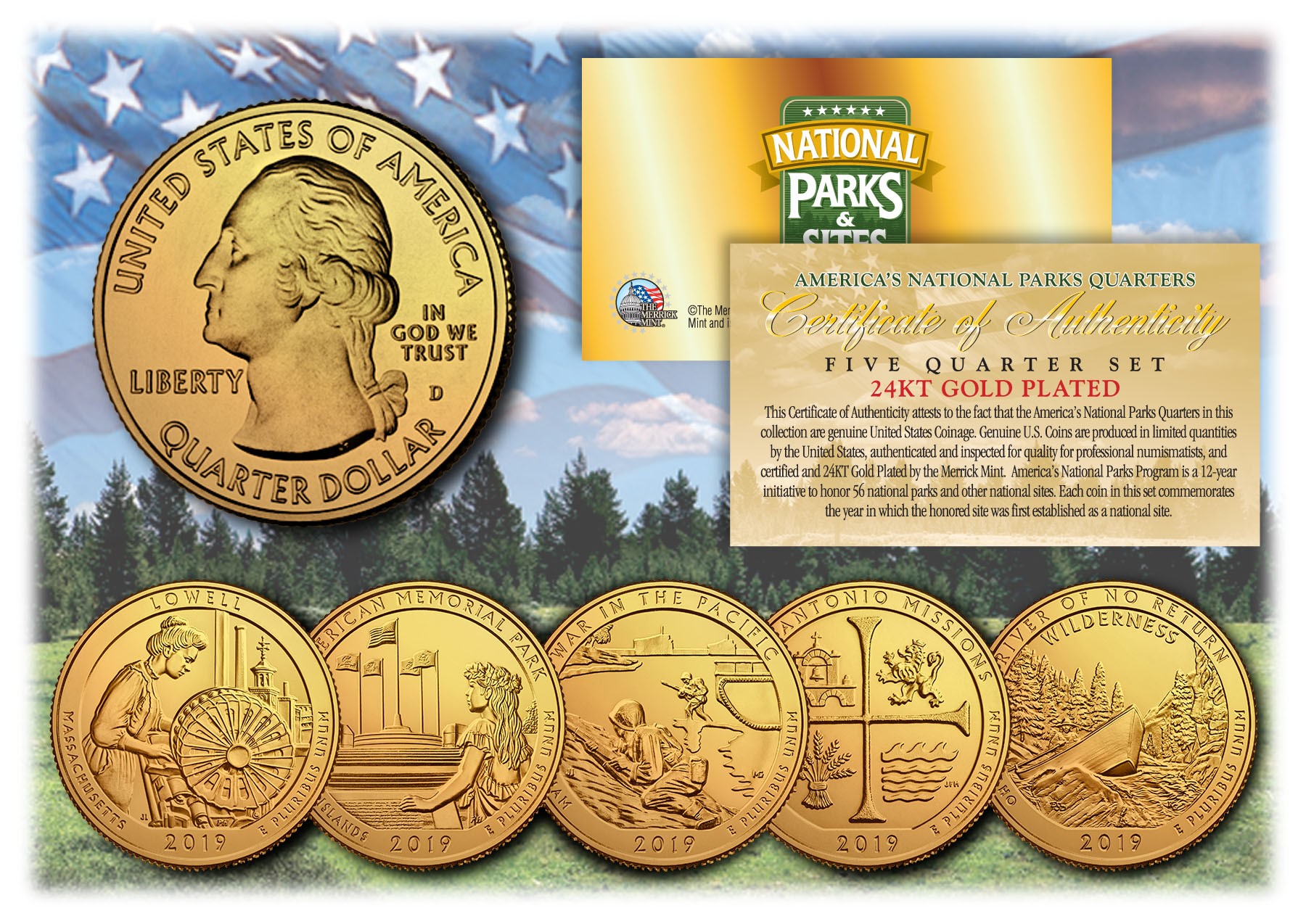 2019 America The Beautiful 24K GOLD PLATED Quarters Parks 5-Coin Set w ...