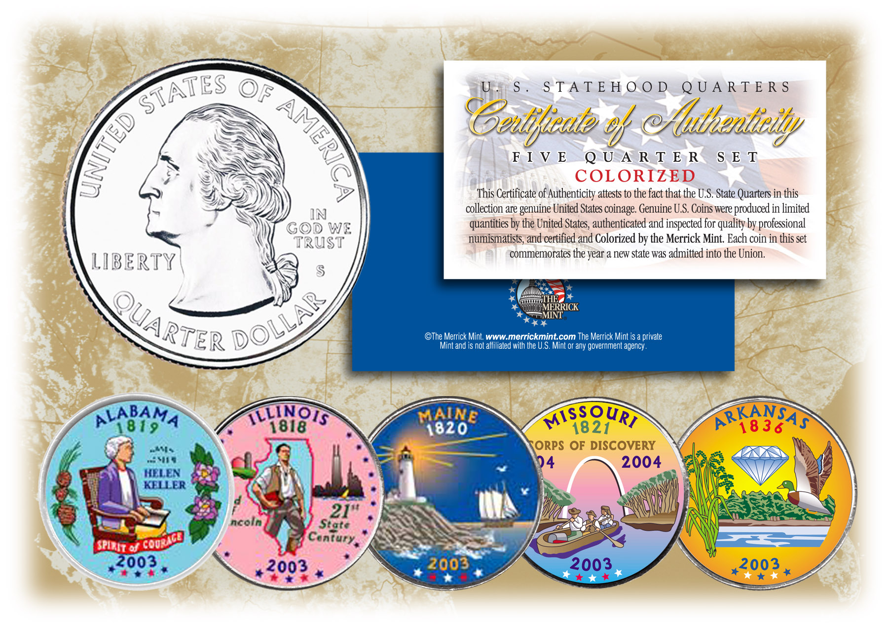 2003 US Statehood Quarters COLORIZED Legal Tender 5-Coin Complete Set w ...