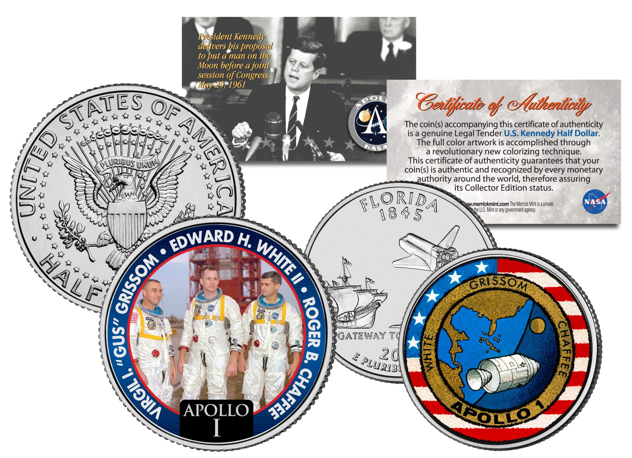 APOLLO 1 SPACE MISSION 2-Coin Set U.S. Quarter & JFK Half Dollar NASA ...