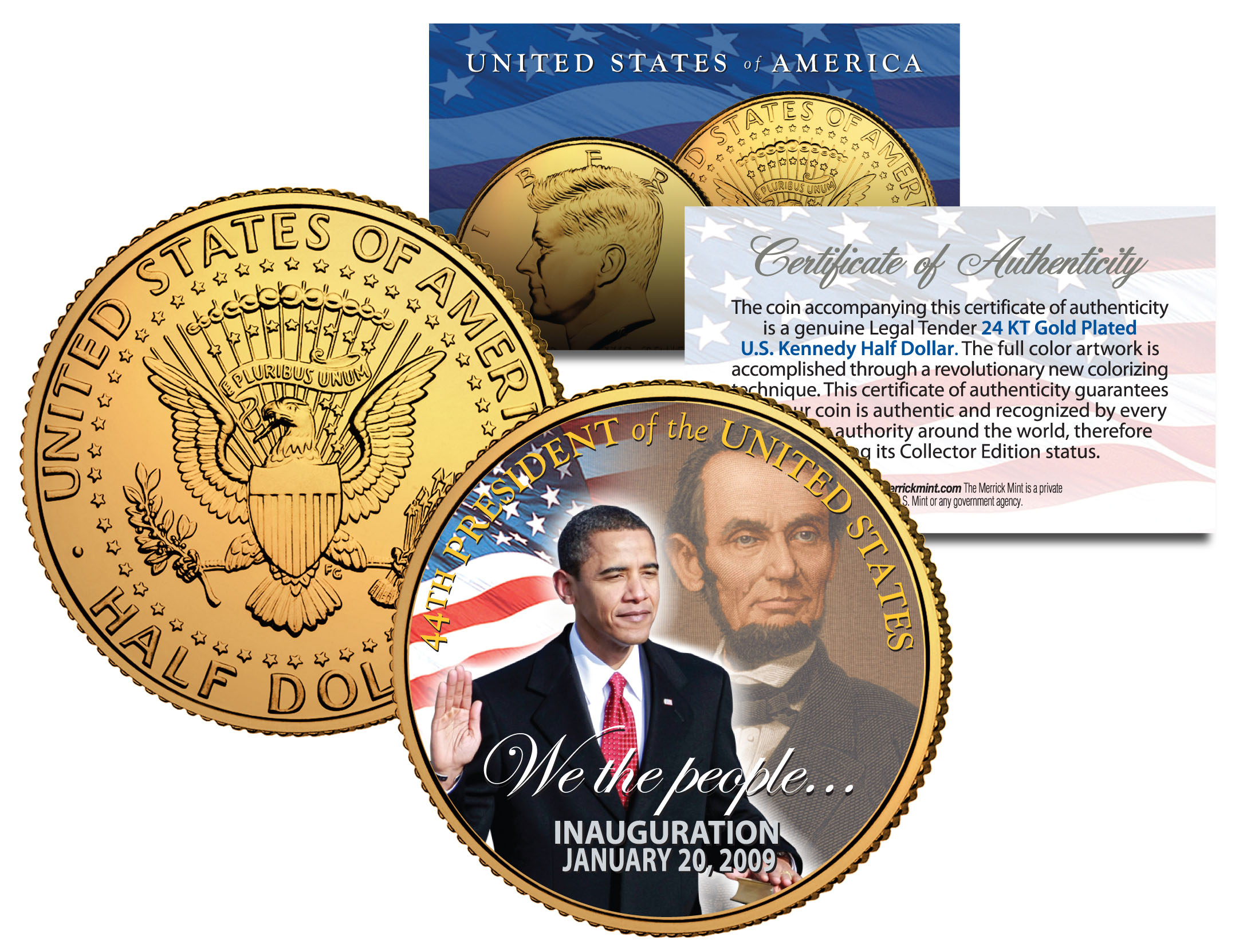 BARACK OBAMA w/Lincoln *Inauguration* 2009 JFK Half Dollar Coin 24K ...