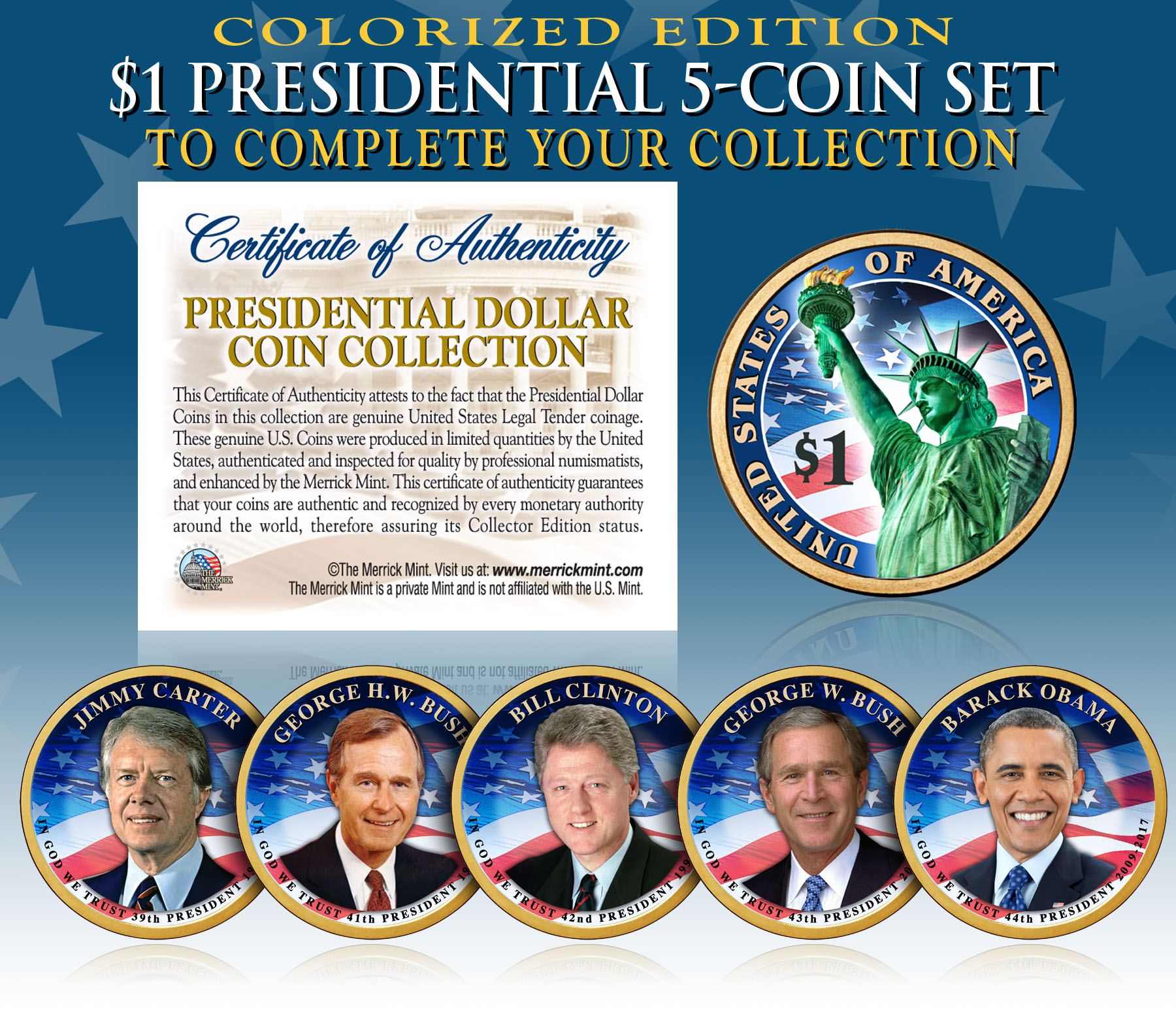 LIVING PRESIDENTS 2016 Presidential $1 Dollar COLORIZED 2-SIDED 5-Coin ...