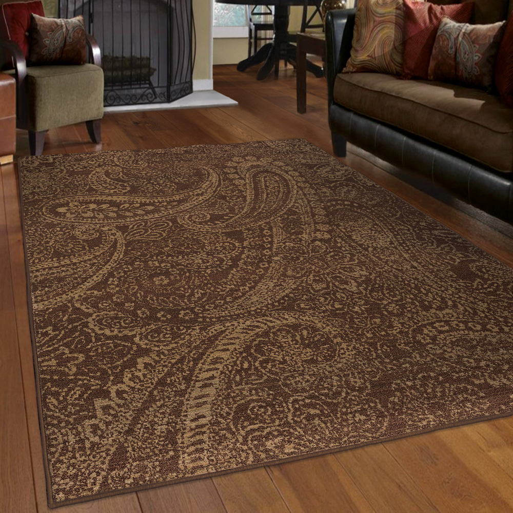 Brown Paisley Leaves Petals Curls Transitional Area Rug Floral 3512