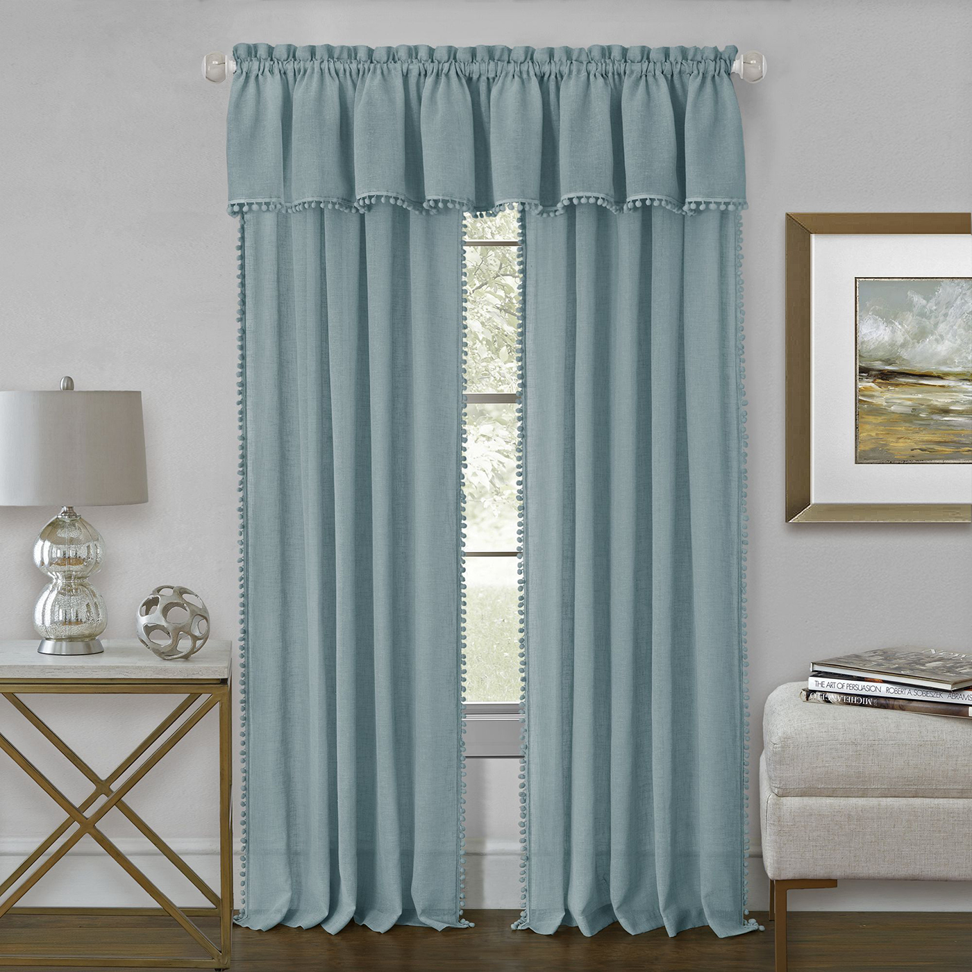 Blue Aqua Gray Semi Sheer Solid 2-Pack Window Curtain Panels with Pom ...