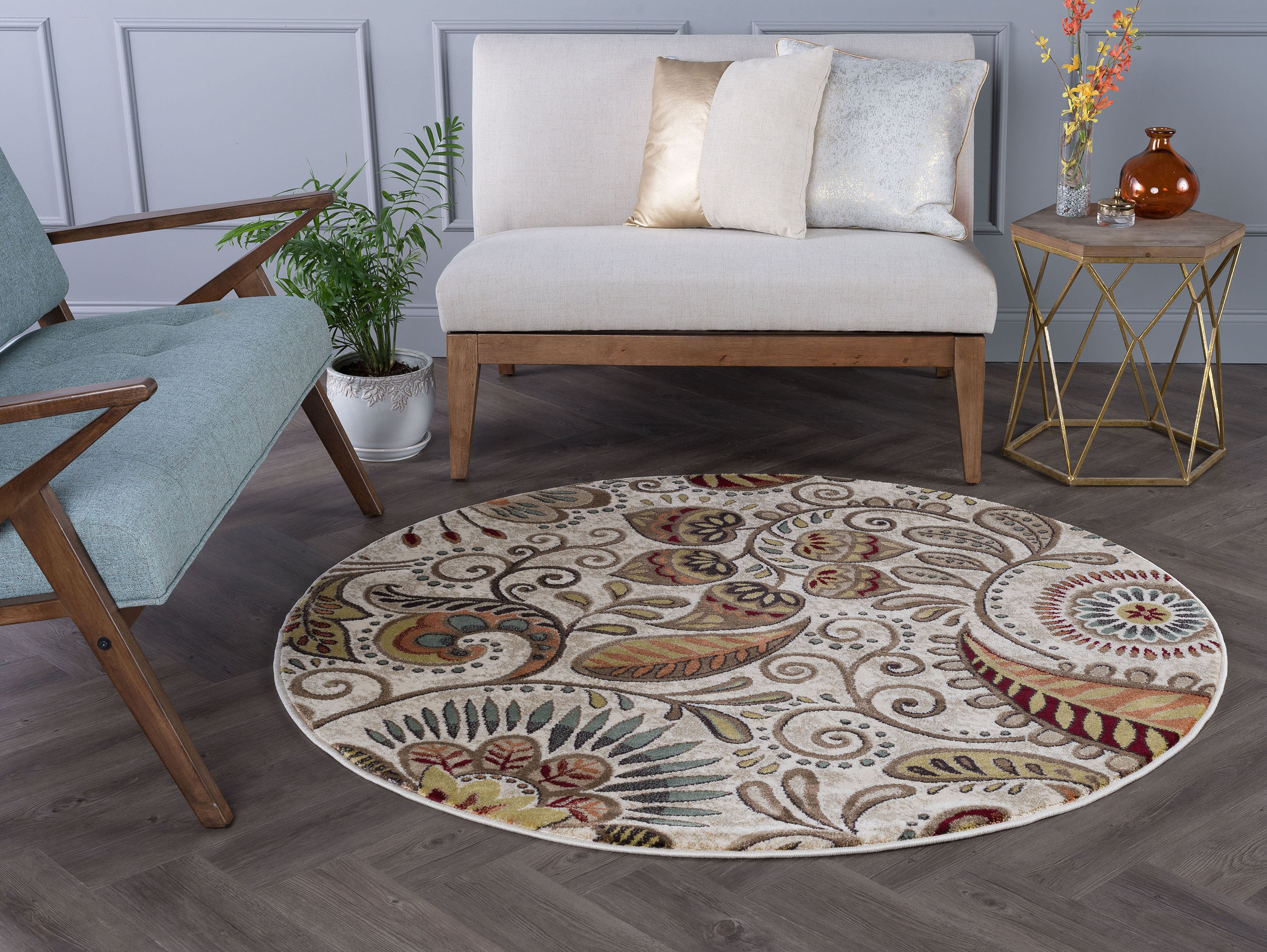 Ivory Transitional Paisley Floral 5' Round Area Rug Leaf Carpet: Actual ...