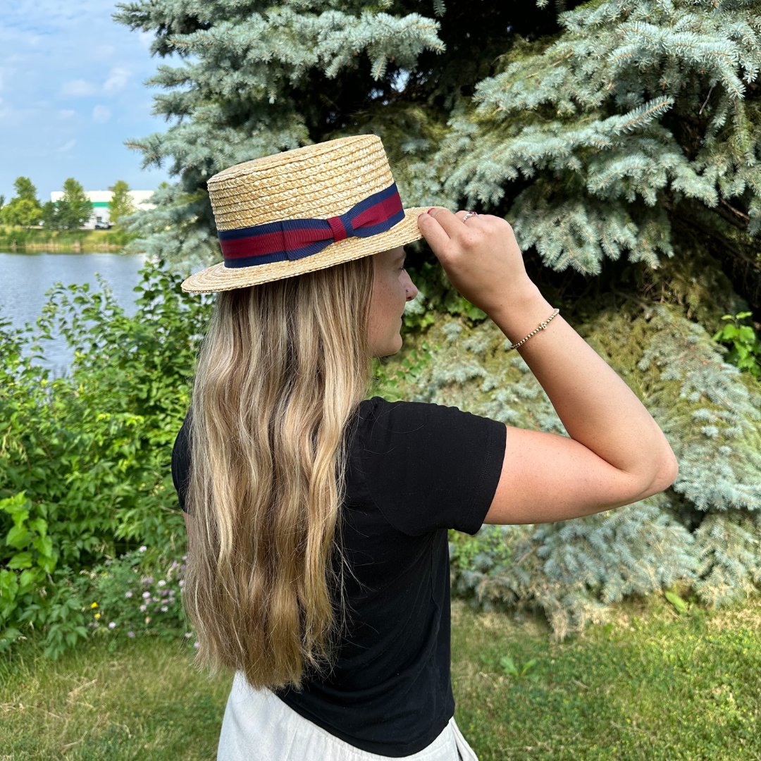 CTM Straw 2 Inch Brim Boater Hat with Navy Band and Elastic Sweatband ...