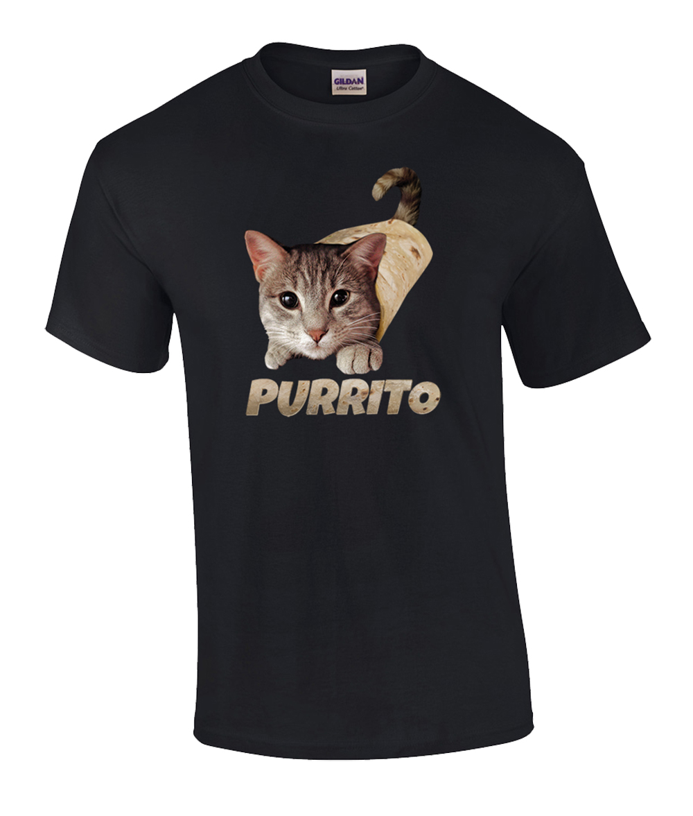 Funny Purrito Cat in Burrito Graphic Adult Short Sleeve Tee Shirt Black ...
