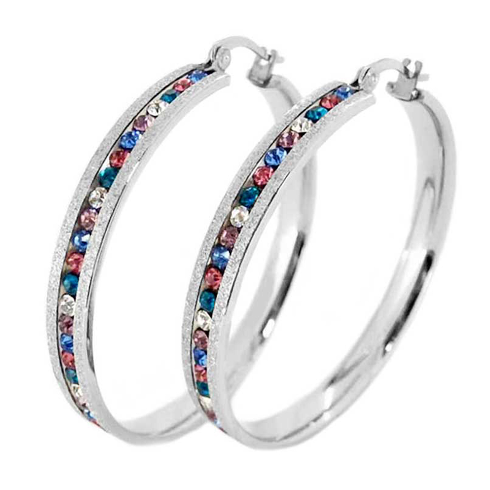Stainless Steel Multi Colored Crystal Snap Closure Hoop Earrings