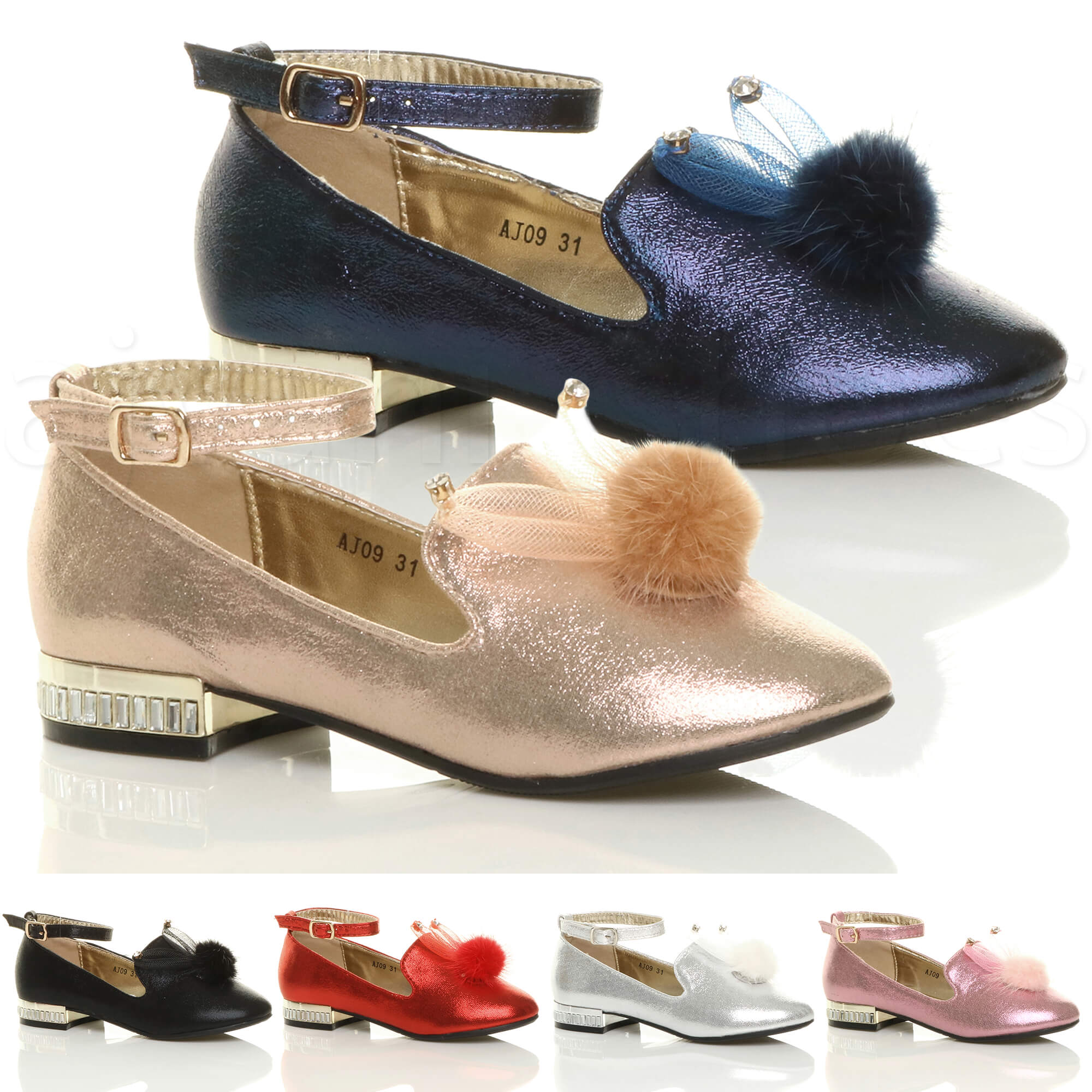 Mocassini Da Festa Ragazze Bambini Cinturino Alla Caviglia Glitter Pom Pom Pom Taglie