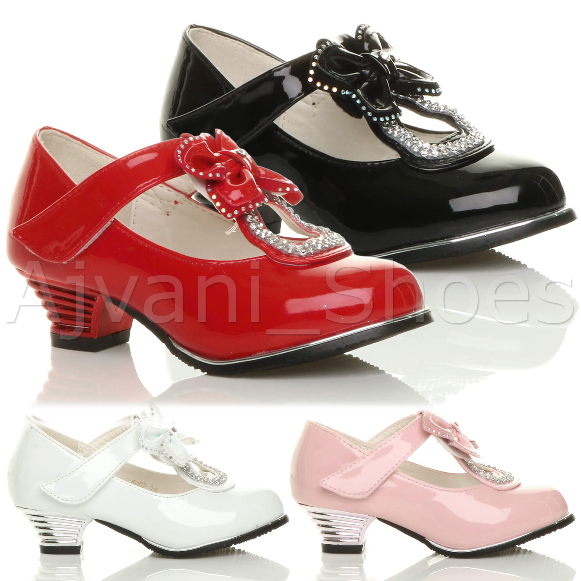 Scarpe Bambine Bambini Tacco Basso A T-Bar Fiocco A Farfalla Diamante Mary Jane Taglia