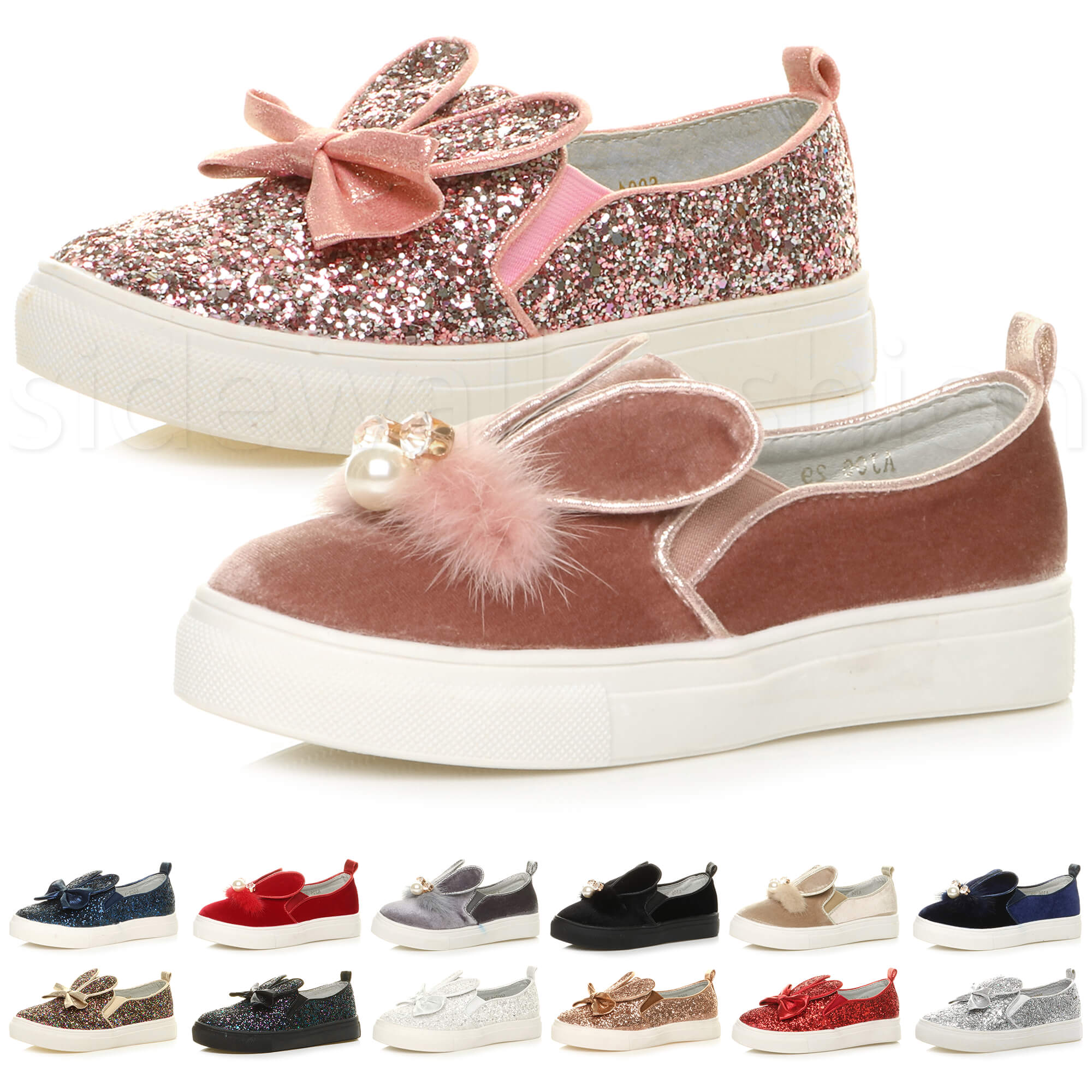 Scarpe plimsles per bambine bambini fiocco piatto glitter orecchie di coniglio taglia