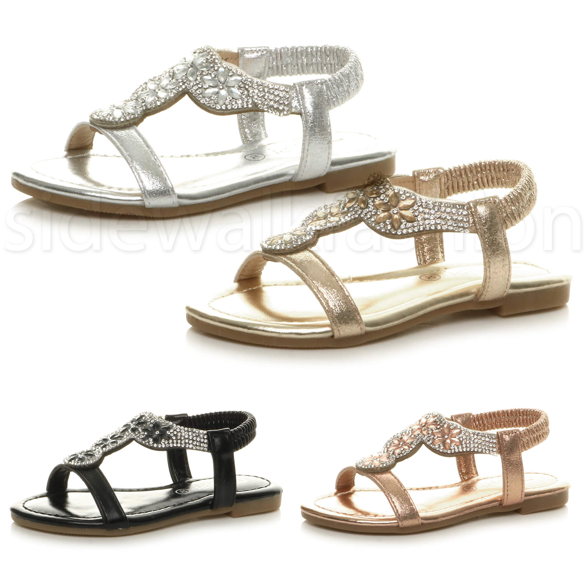 Sandali a T-bar a fiore piatto diamante slingback vacanze per bambine taglia