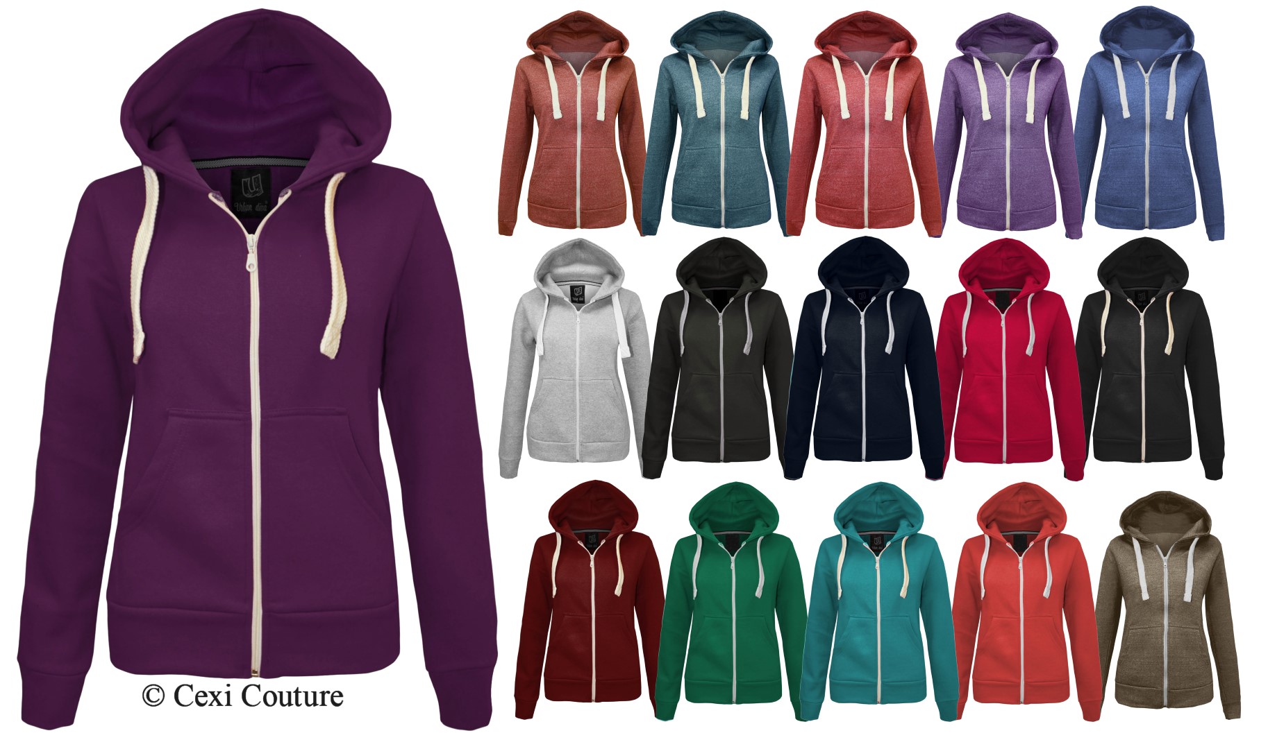 NEW LADIES PLAIN ZIP HOODIE SWEATSHIRT FLEECE HOODED JACKET WOMENS TOP ...